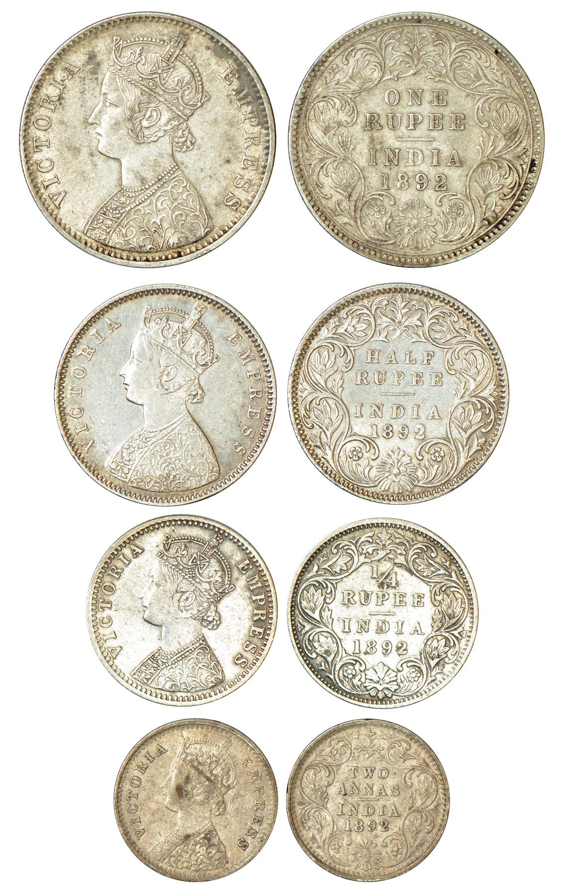 British India: Victoria Empress, set of 4 silver coins, 1892, rupee, ½ ...