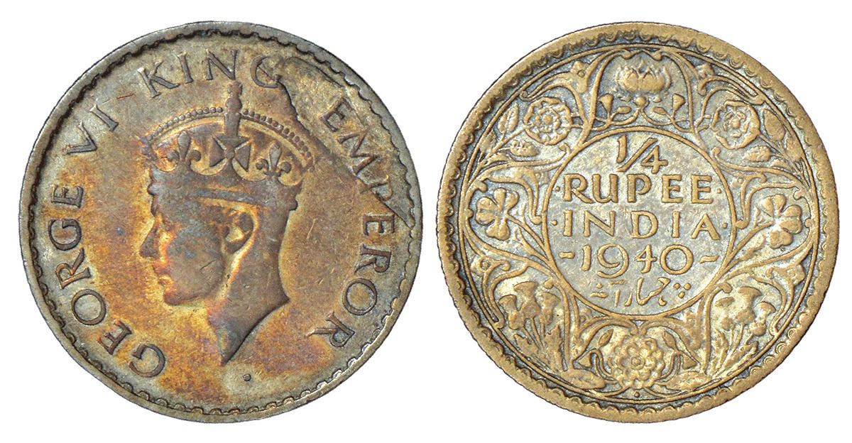 British India: George VI, half silver ¼ rupee, error, 1940, Bombay mint ...