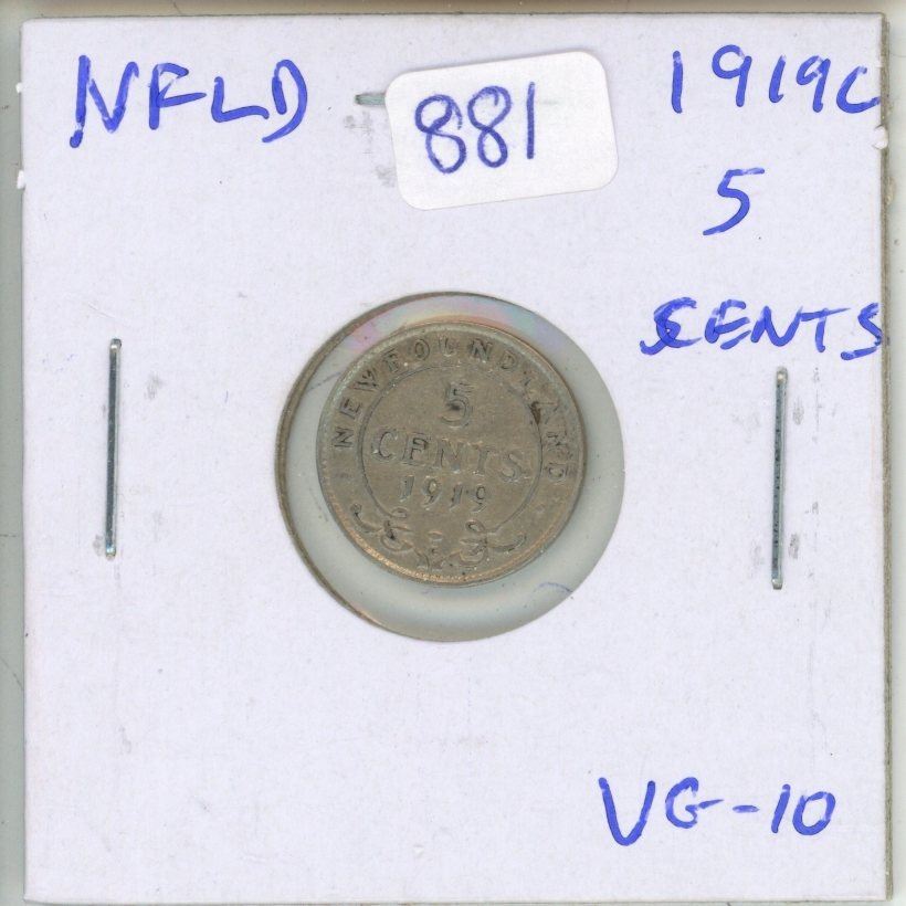 Newfoundland. 1919c Silver 5 Cents. Minted in Ottawa. VG-10. - Schmalz Auctions