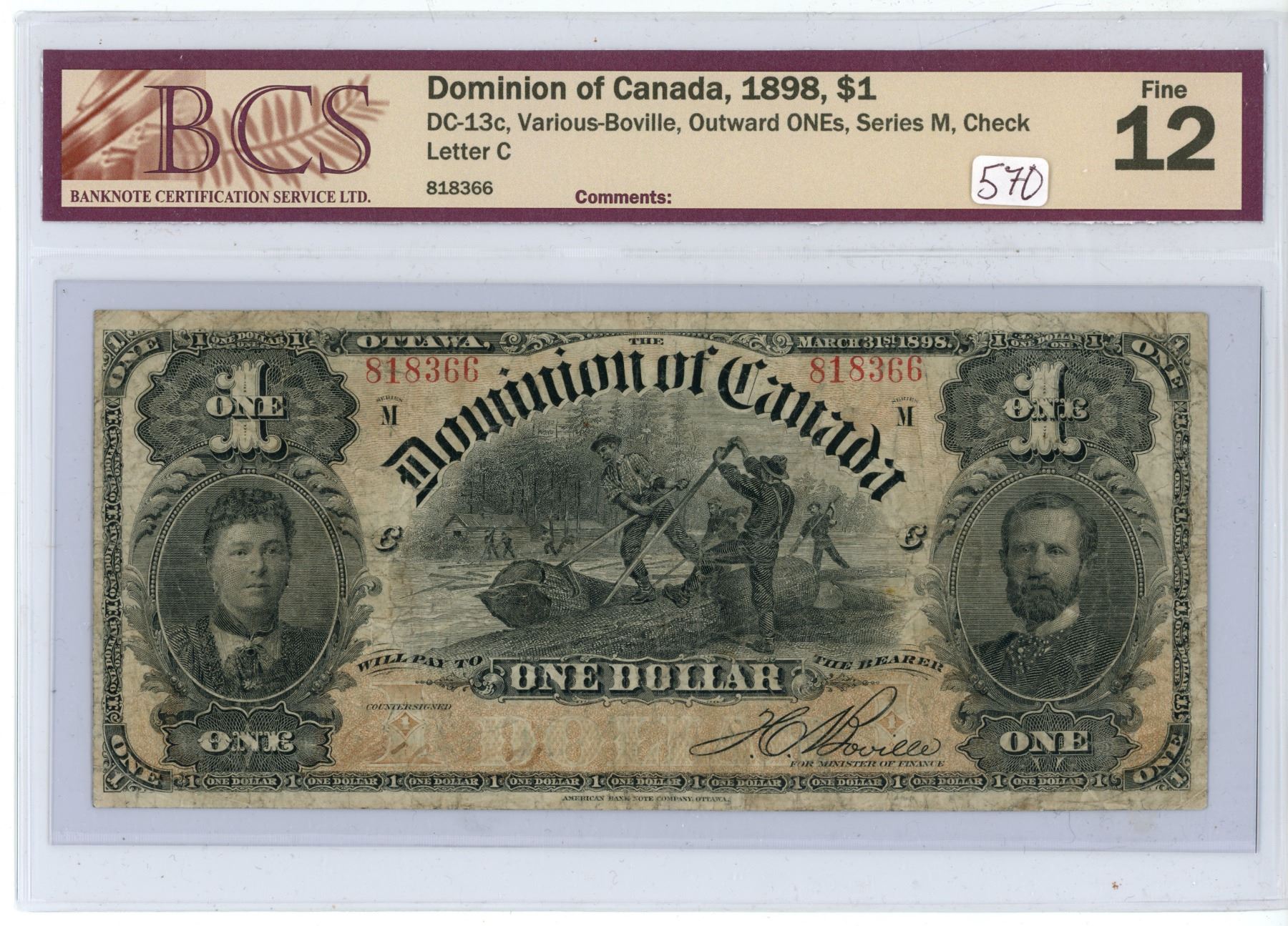 1898 BCS Graded, "Dominion of Canada" Canadian 1 dollar bill - 818366 - F12 - Schmalz Auctions