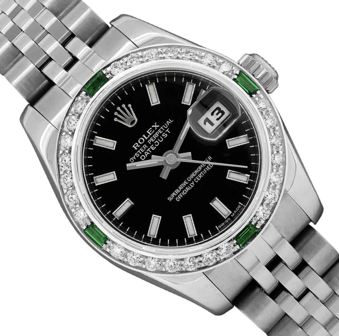 Rolex Ladies Quickset Black Index White Gold Emerald And Diamond Bezel ...