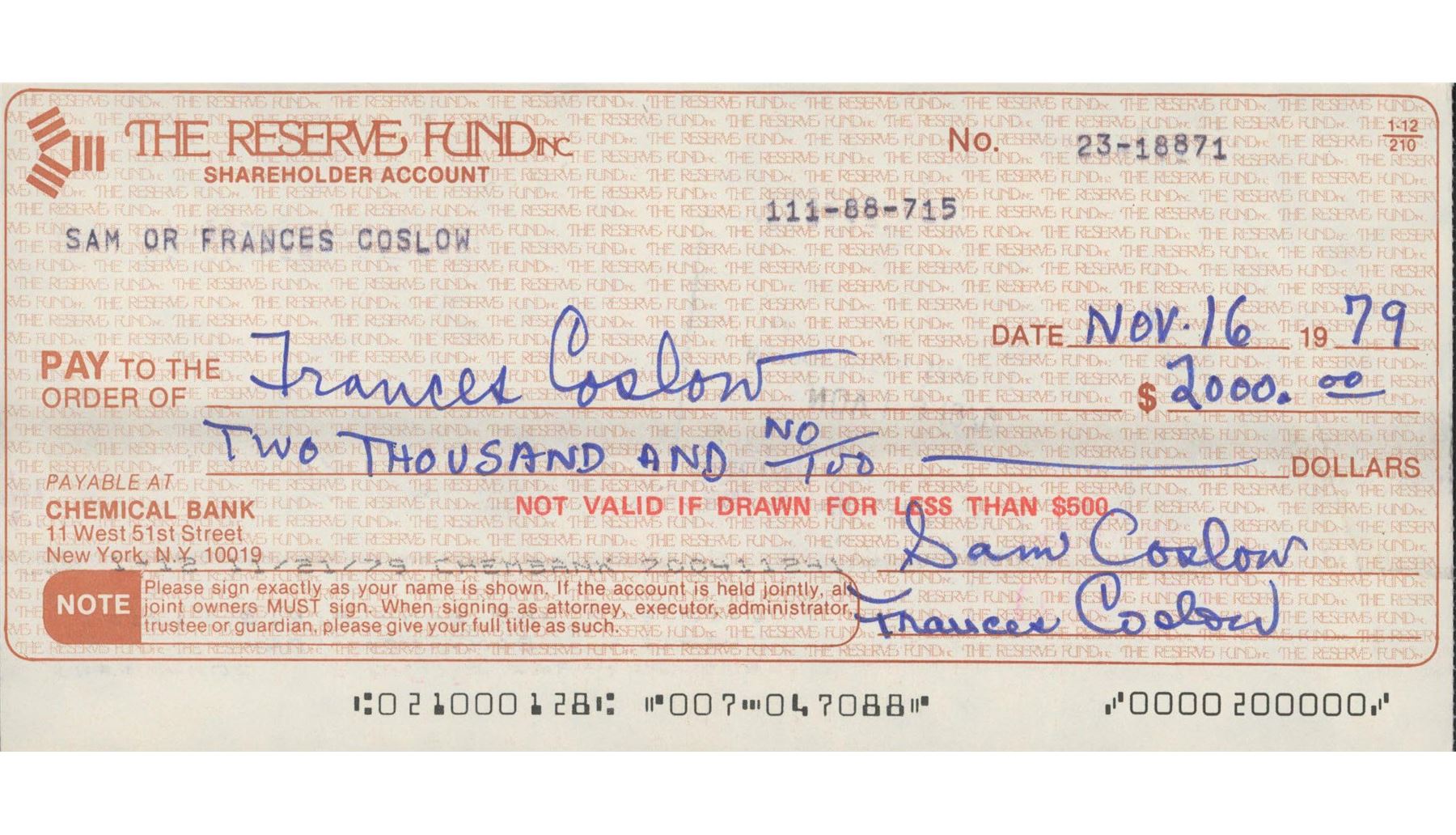 Sam Coslow signed check