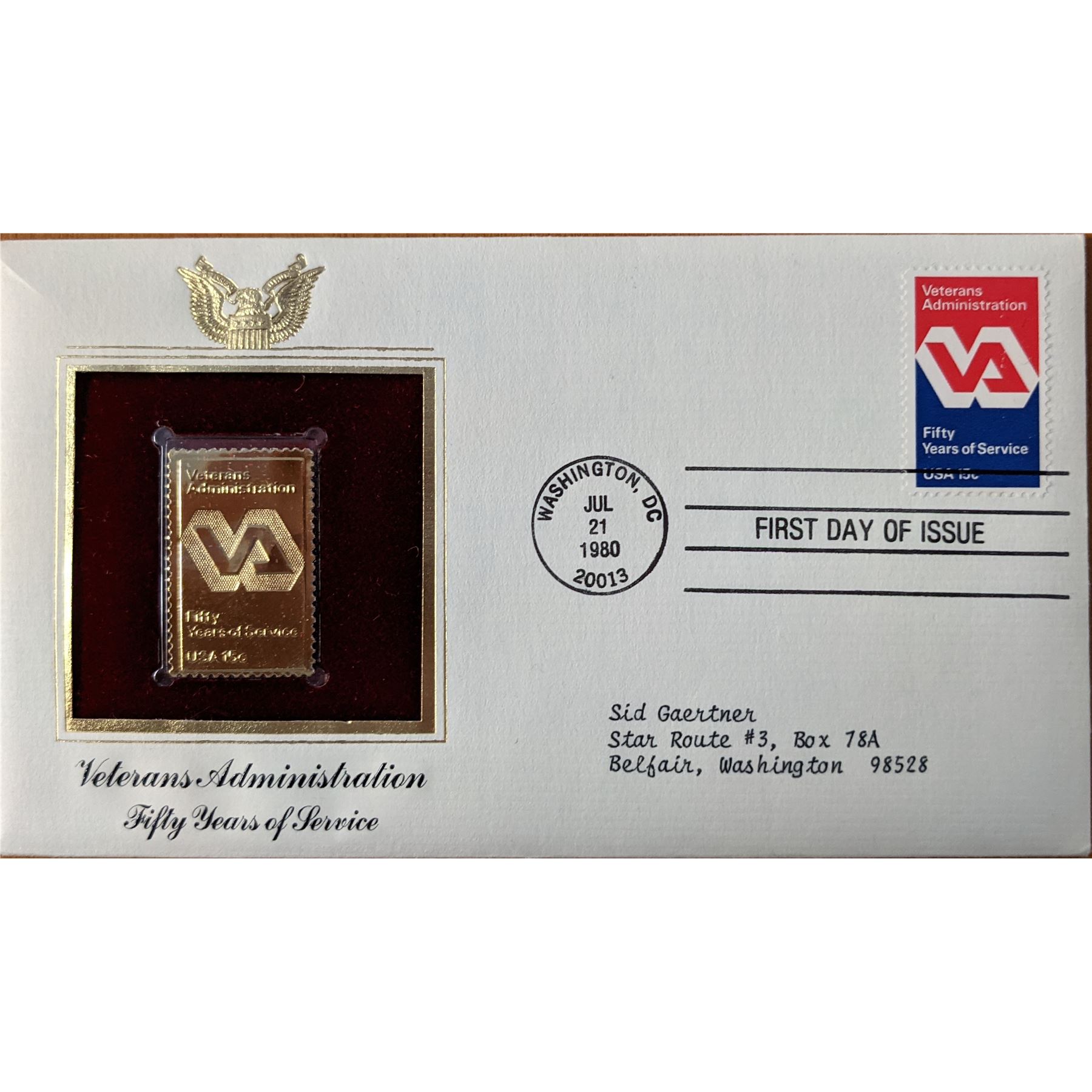 Veterans Administration Fifty Years of Service Gold Stamp Replica First ...
