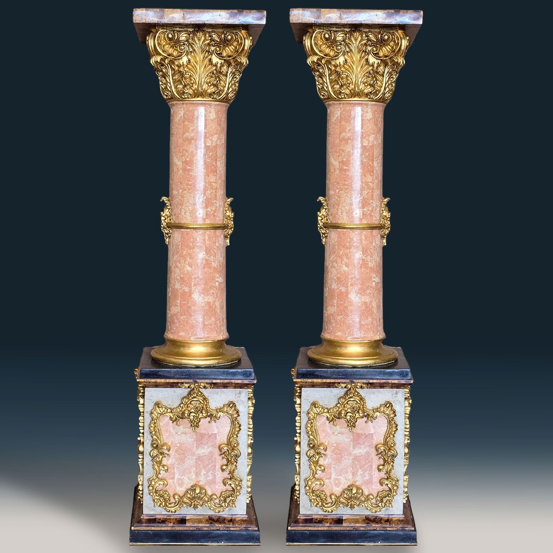 Pair Of Large Classical Style Pink Marble, Faux Marble, And Gilt Columns