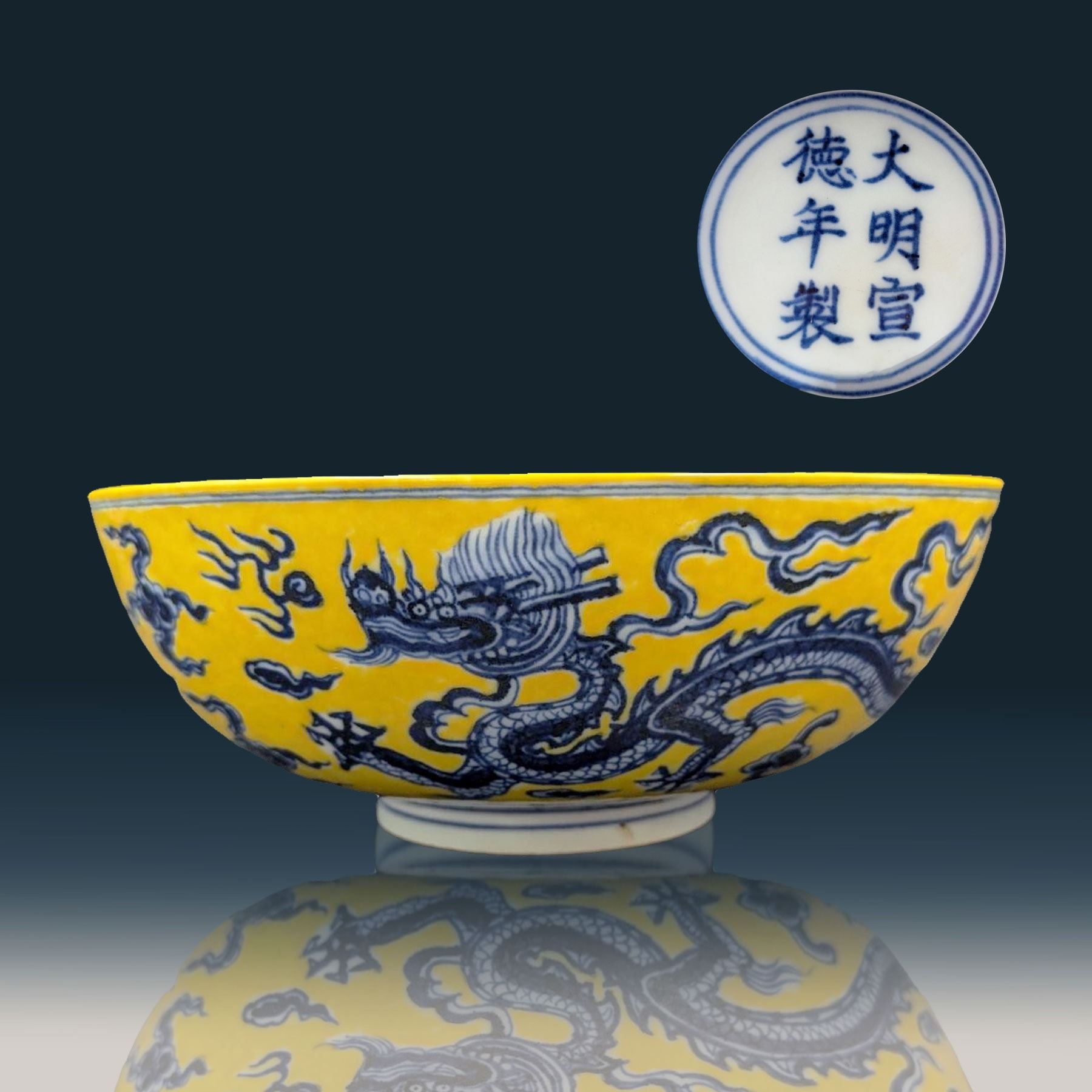 Chinese Imperial Yellow Five Clawed Dragon Porcelain Bowl With Double ...