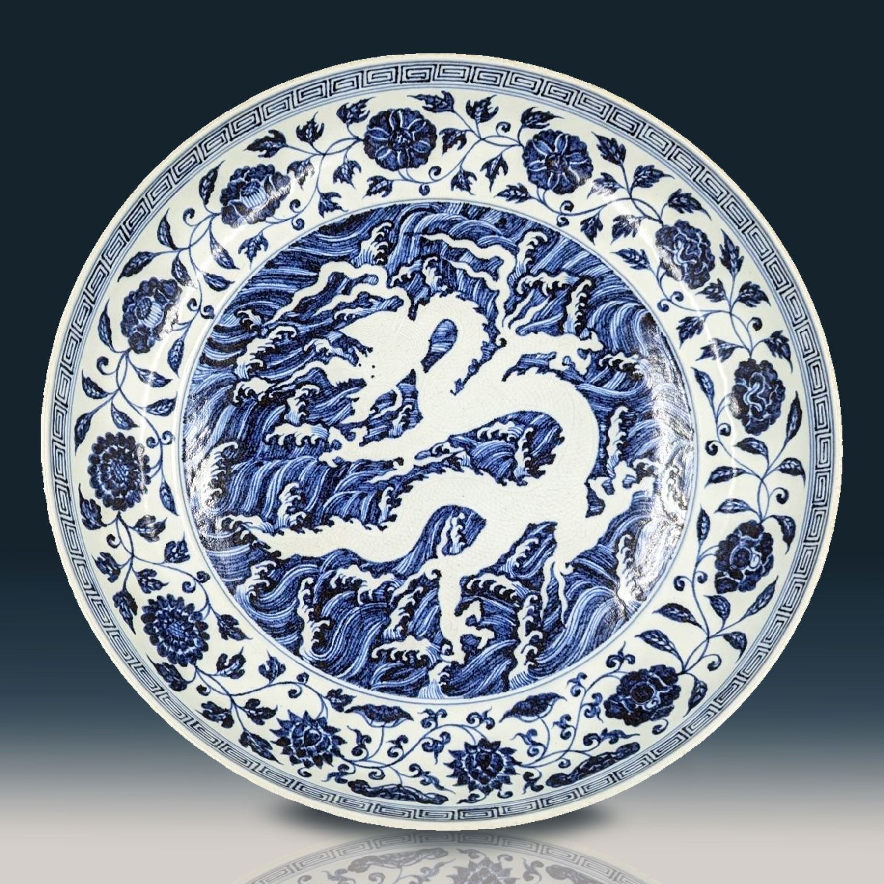Large Chinese Blue And White Porcelain Dragon Charger