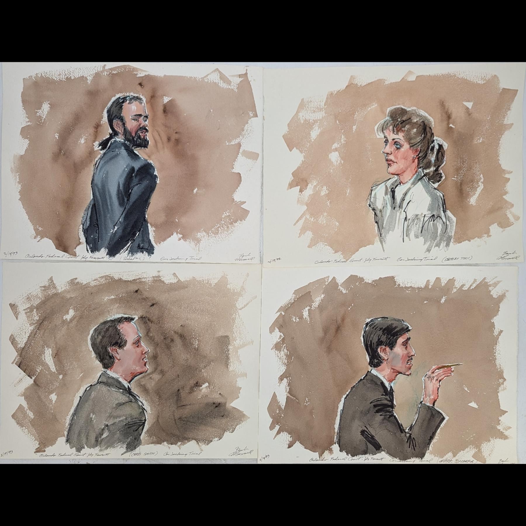 Set Of 4 Watercolor Courtroom Scene Paintings By Barbara Maxwell, 1990s