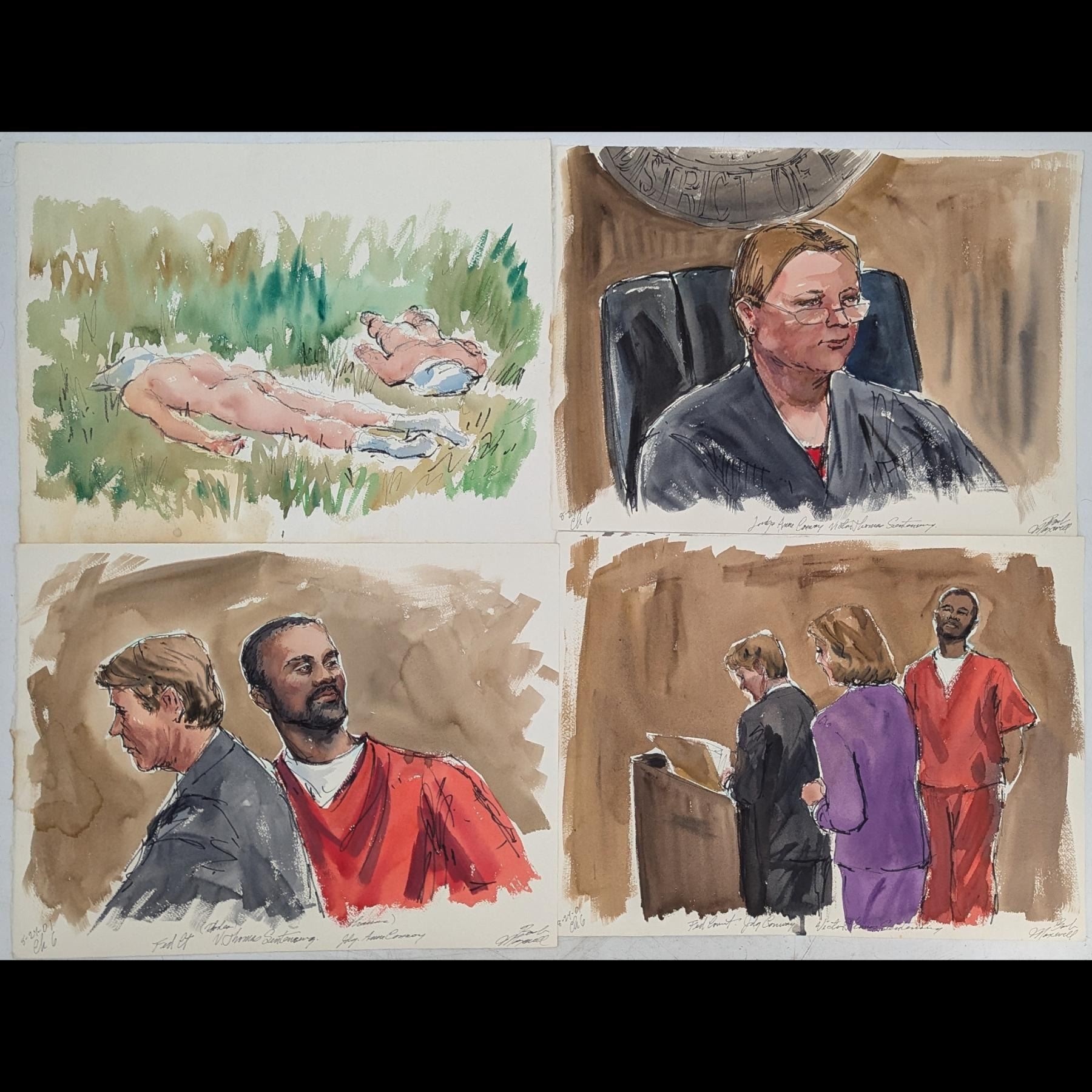 Set Of 4 Watercolor Courtroom Scene Paintings By Barbara Maxwell, 2000s