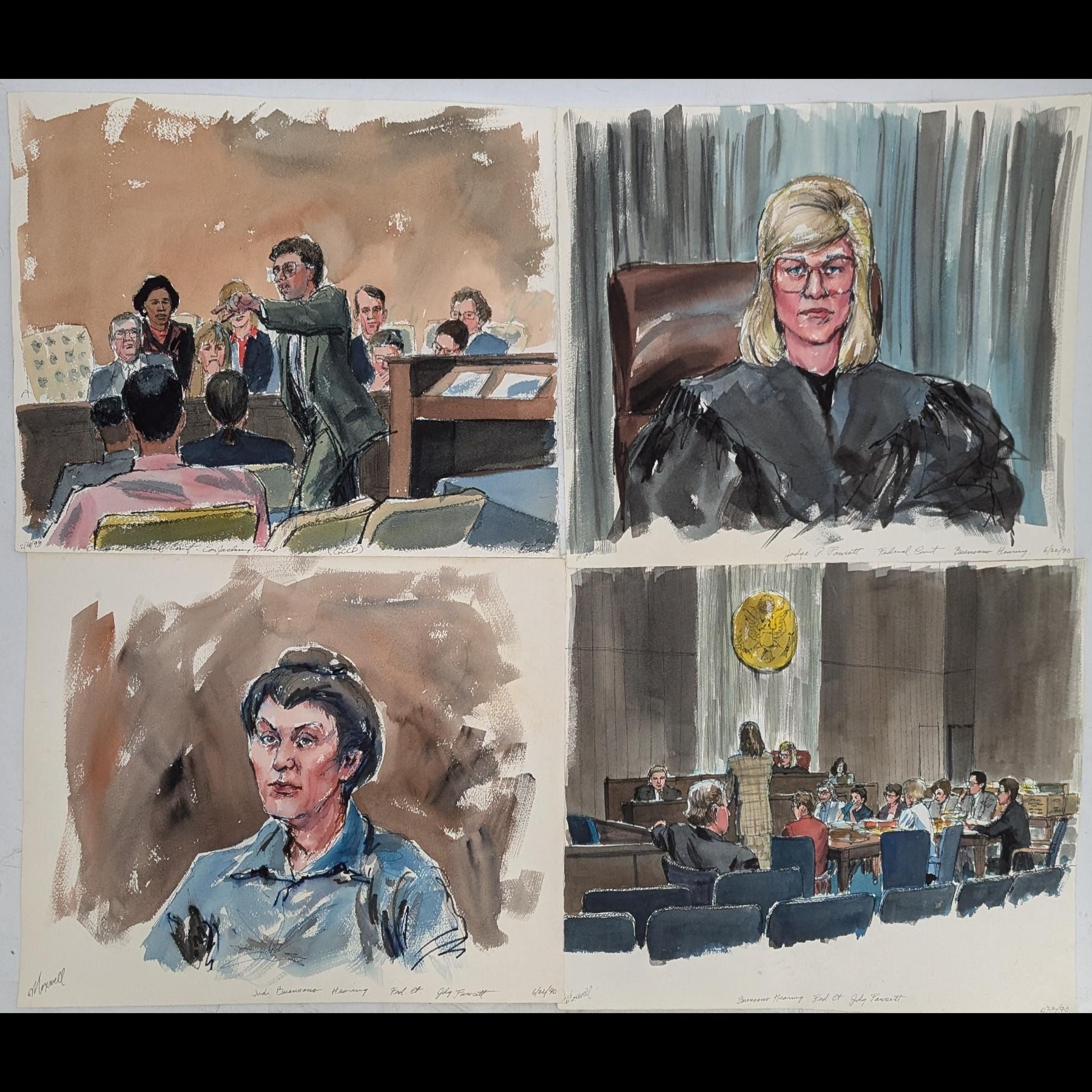 Set Of 4 Watercolor Courtroom Scene Paintings By Barbara Maxwell, 1990s