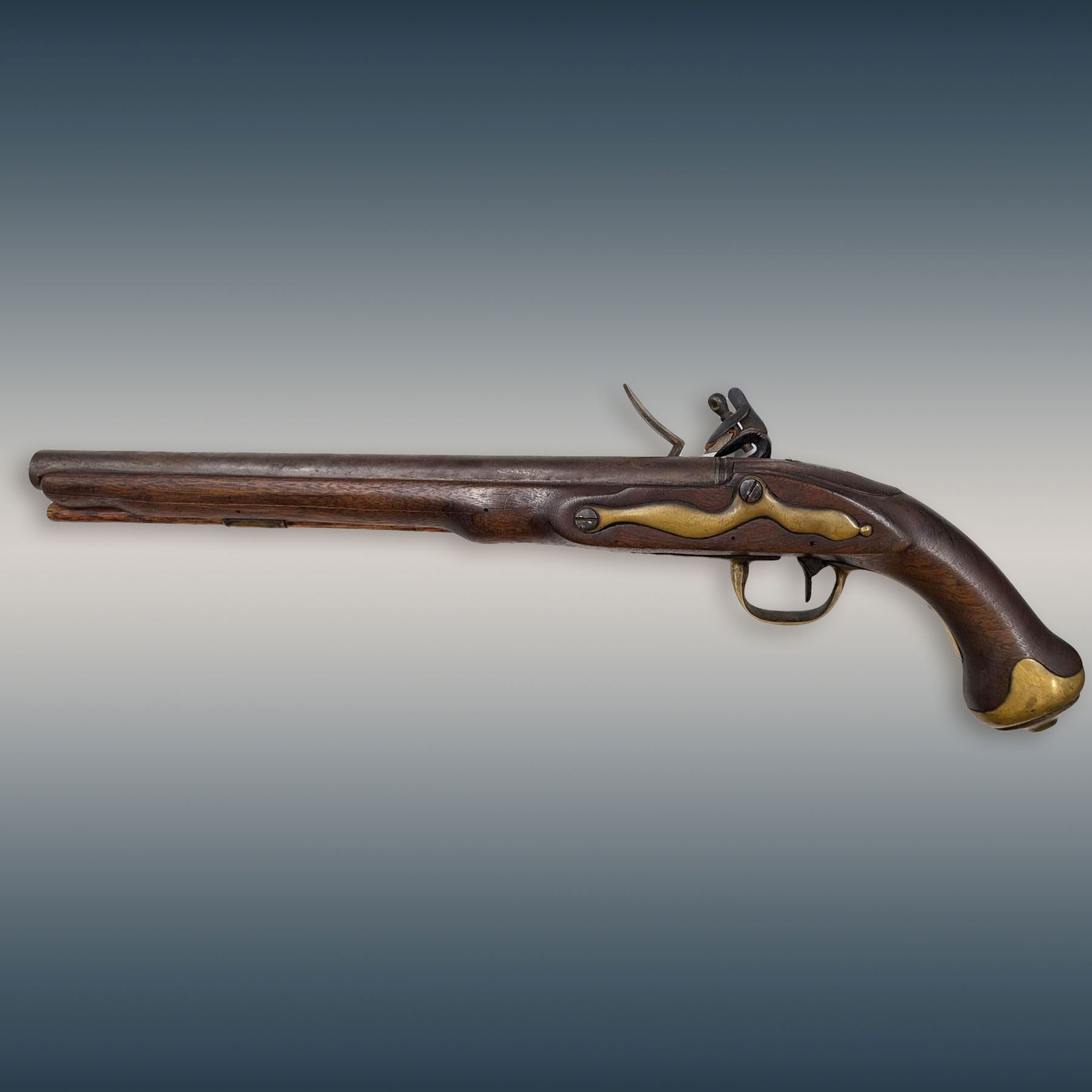 Antique Wood And Brass Flintlock Pistol With An Engraved Name
