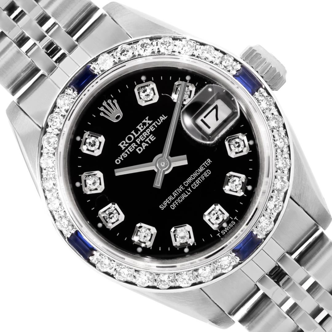 Rolex Ladies Stainless Steel Black Diamond and Sapphire Bezel Date ...