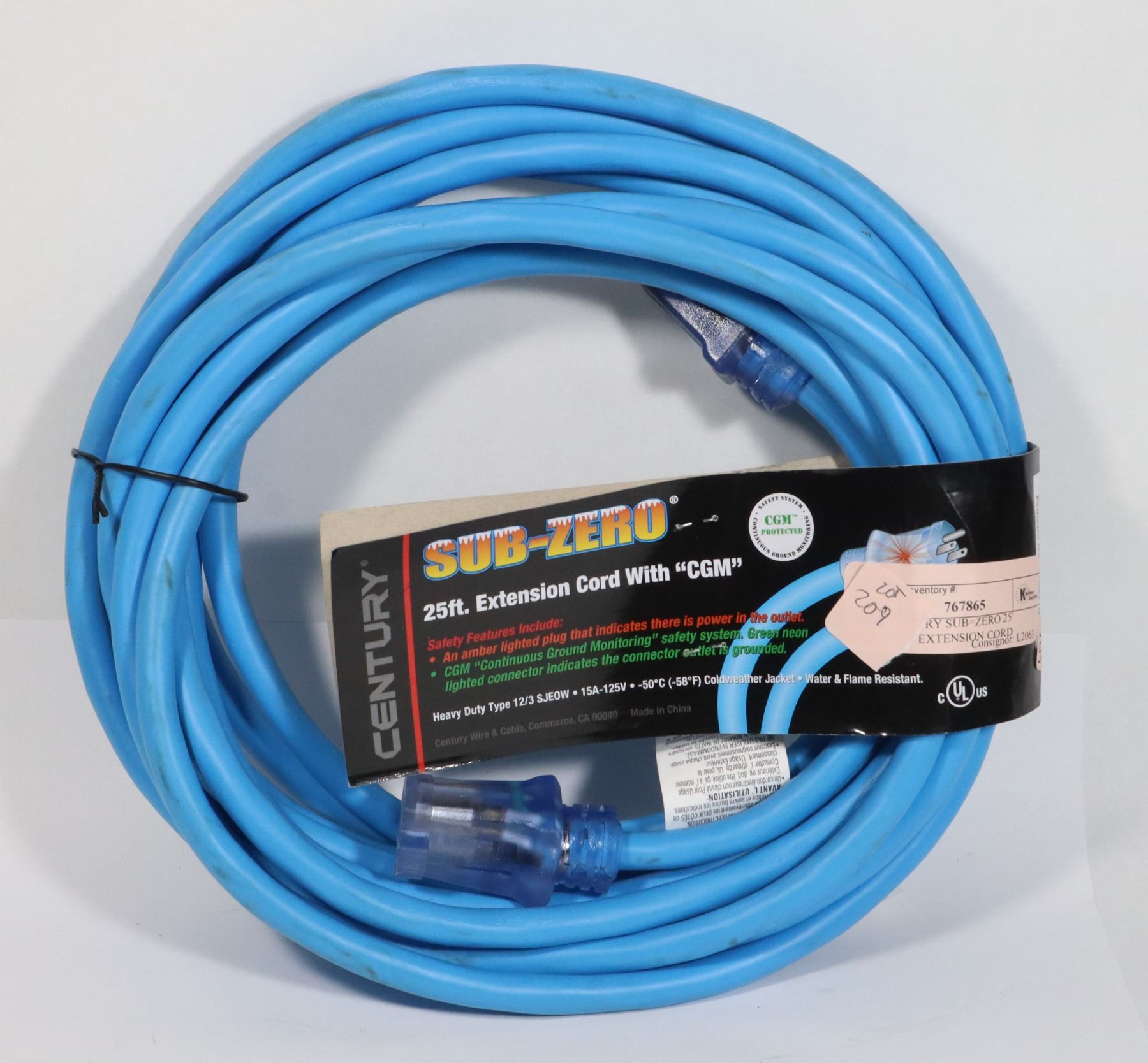 NEW CENTURY SUB=ZERO 25' LIGHTED EXTENSION CORD