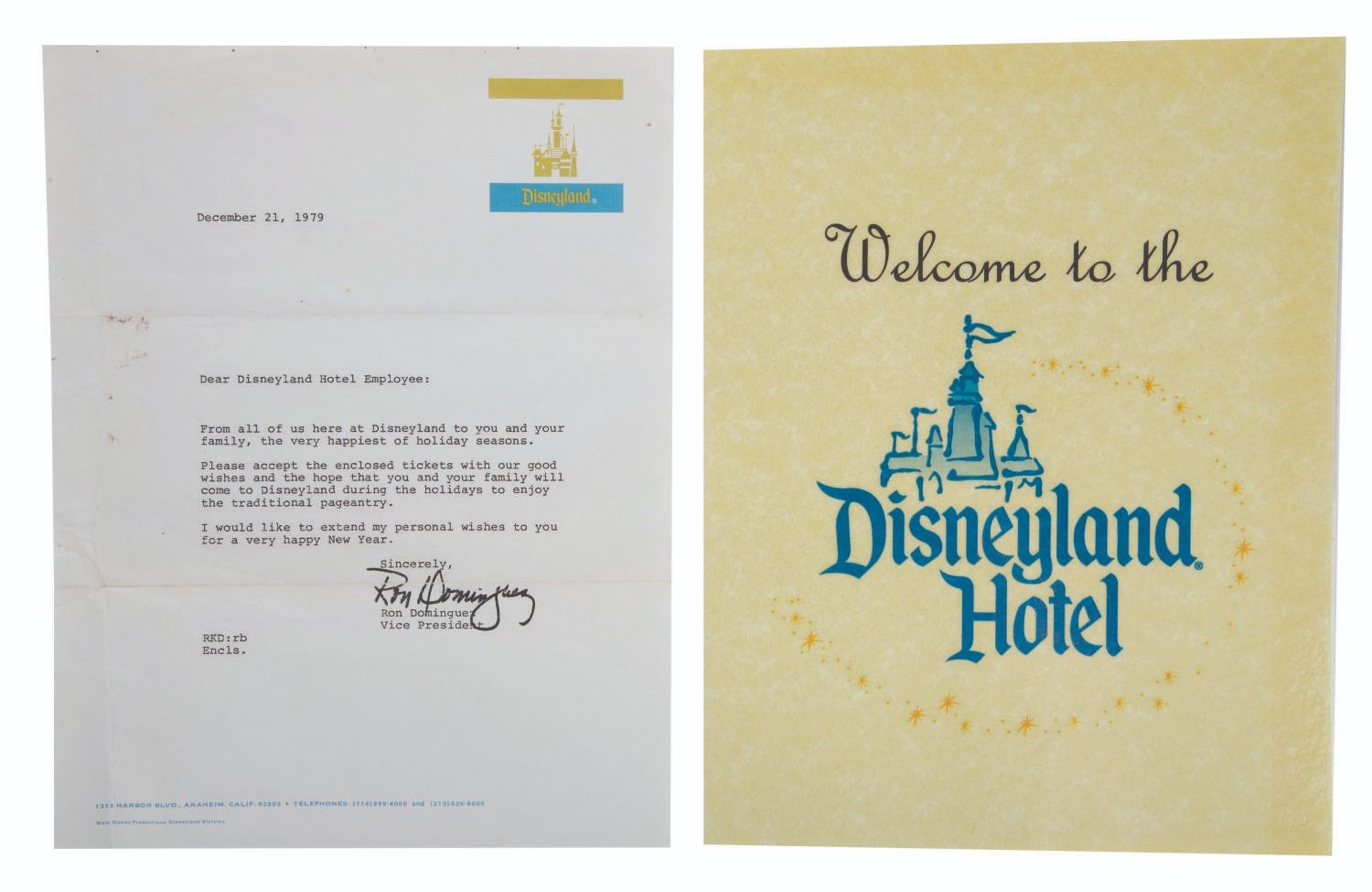A Disneyland Hotel Letter and Laminated Welcome Flier. - Van Eaton ...