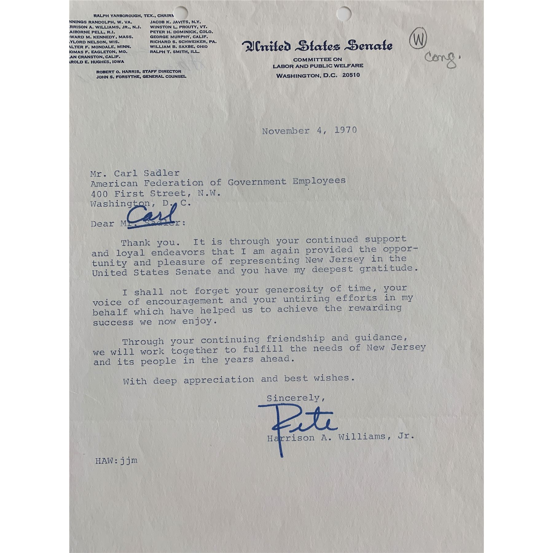 Senator Harrison A. Williams Jr. Signed Letter
