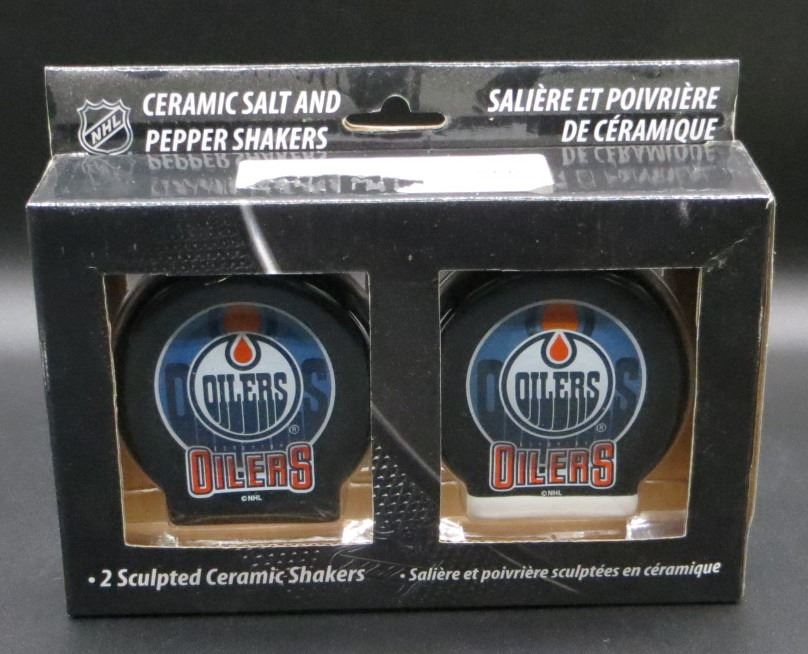 New Edmonton Oilers Ceramic Puck Design Salt & Pepper Shakers