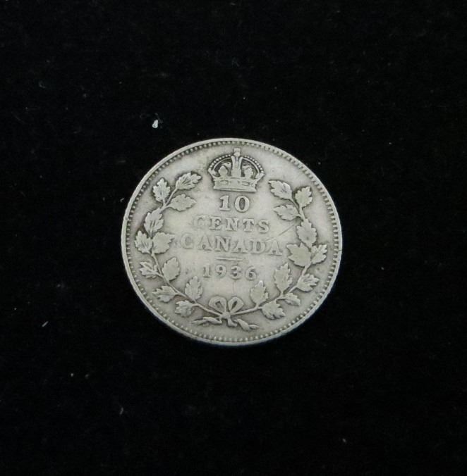1936 Canadian Silver 10 Cent Coin