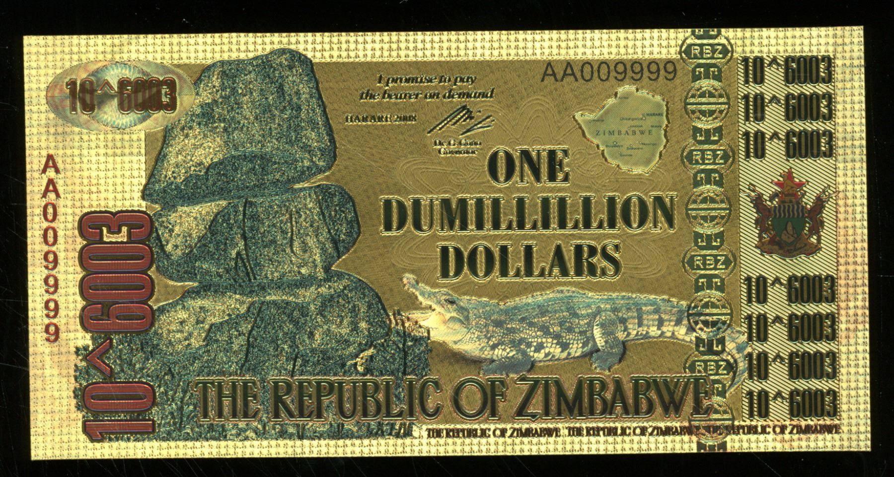 Republic Of Zimbabwe One Million Dollar Gold Foil Banknote