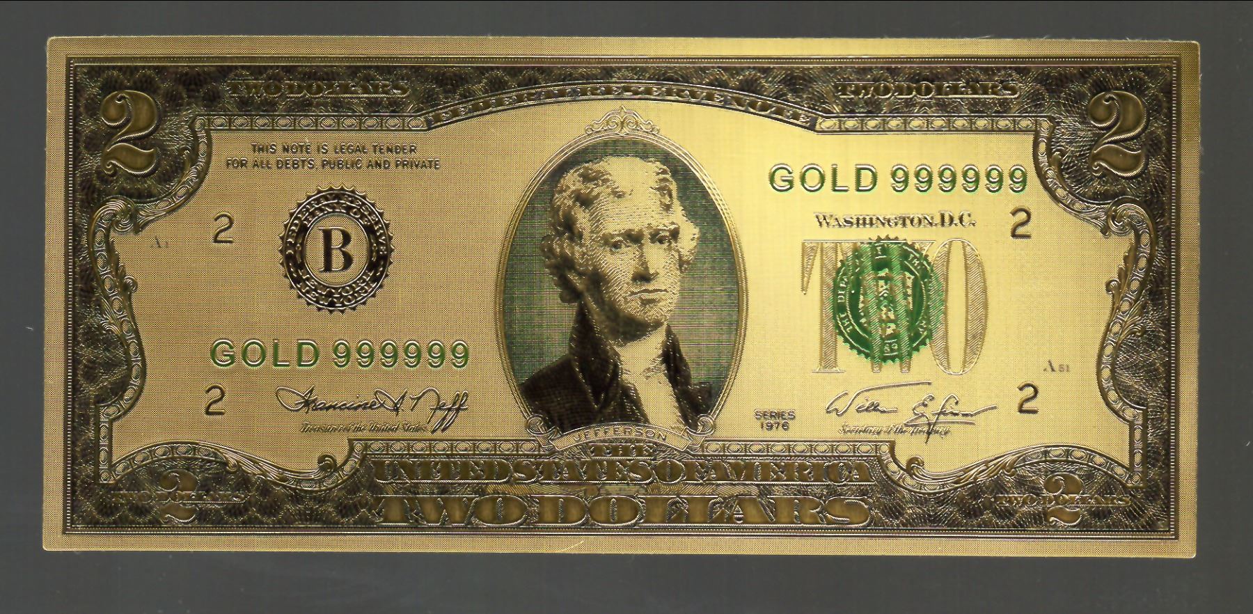 USA $2 Two Dollar Gold Foil Banknote