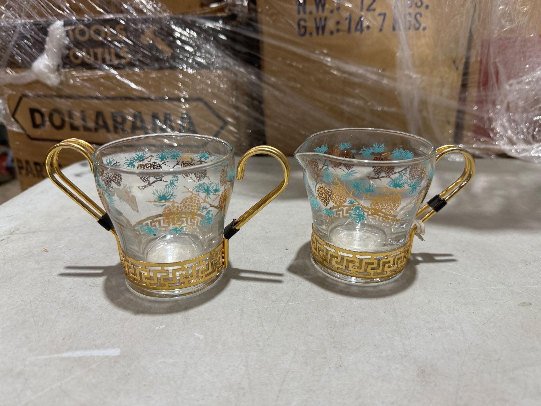 Vintage Douglas for Libbey Turquoise and Gold Pinecone Cream and Sugar Set