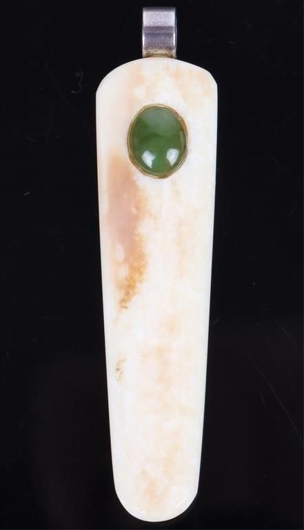 UNIQUE STERLING CARVED BONE & NEPHRITE PENDANT