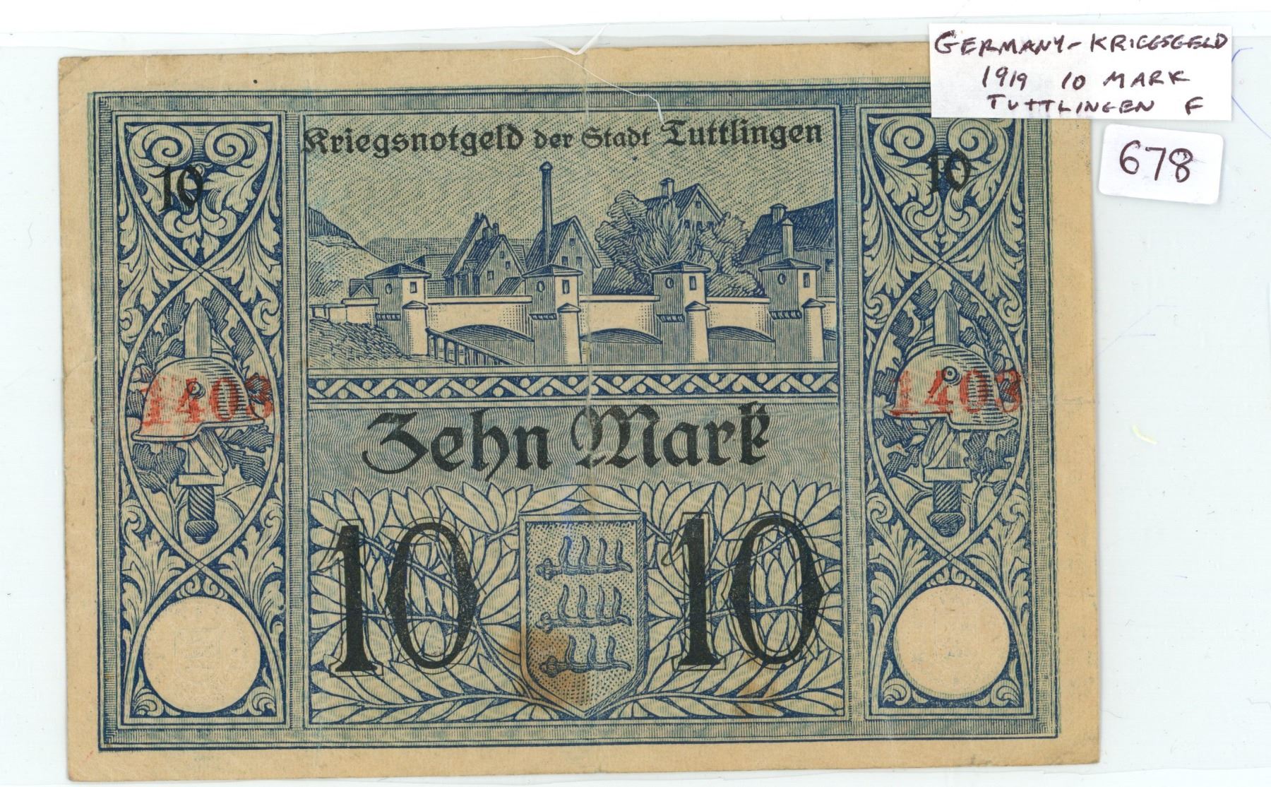 Germany. 1919 10 Mark Kriegsgeld (War Money) issued by the city of ...