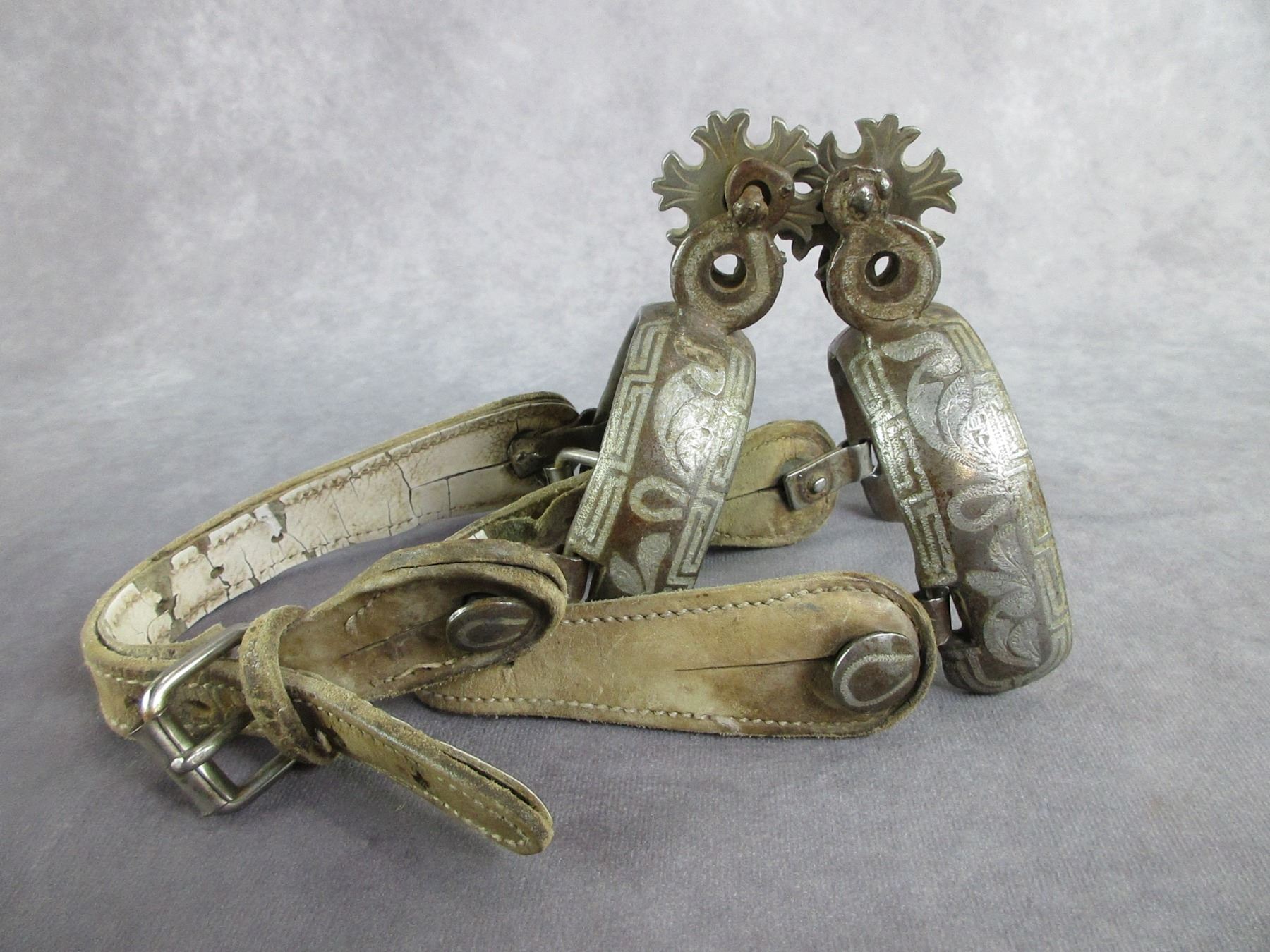 Unmarked Silver Inlaid Charro Spurs- 1.2" Bands- 1.5" Shanks- 1.5" 18 ...