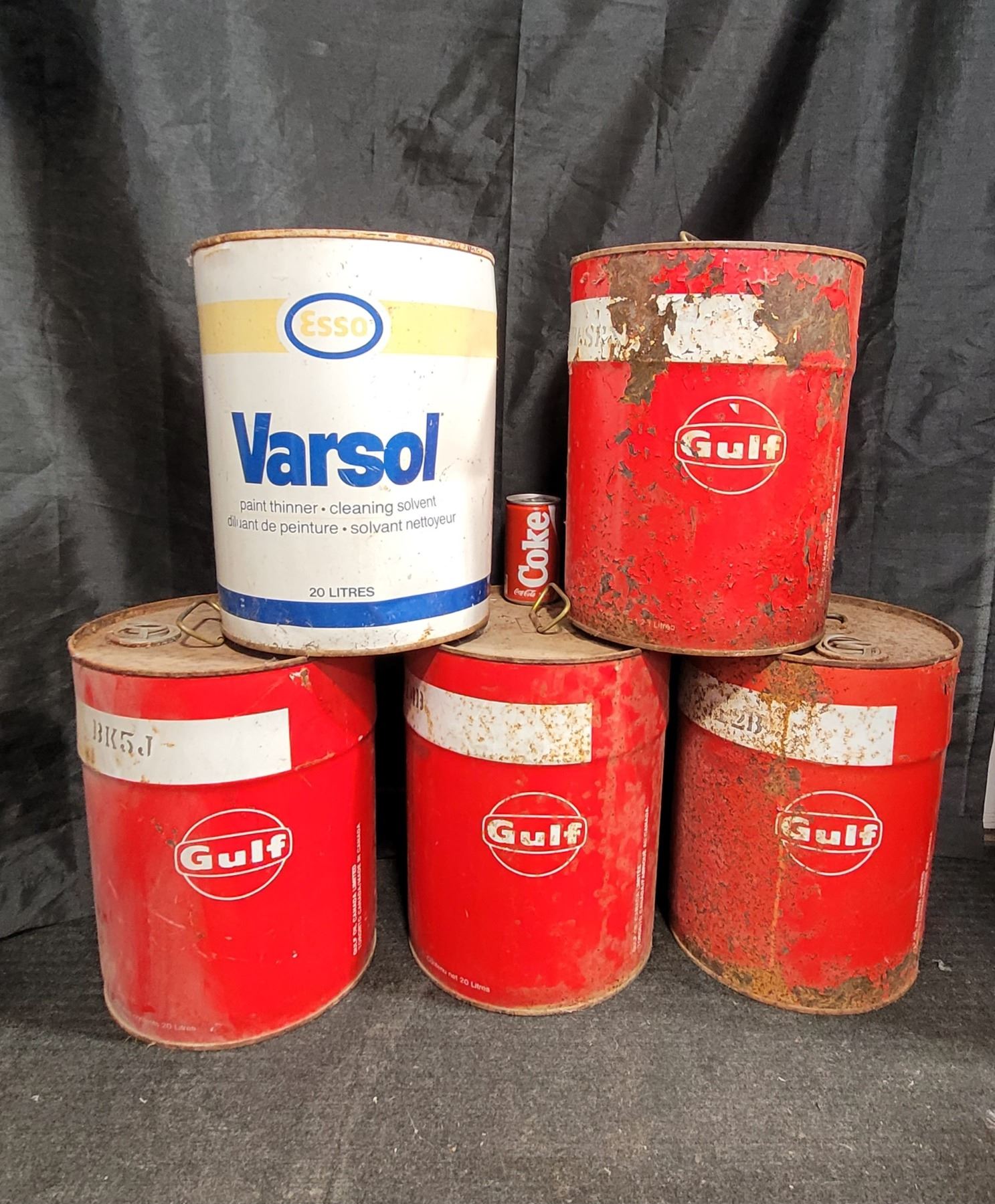 5 Vintage 5 Gallon Gulf and Esso Cans