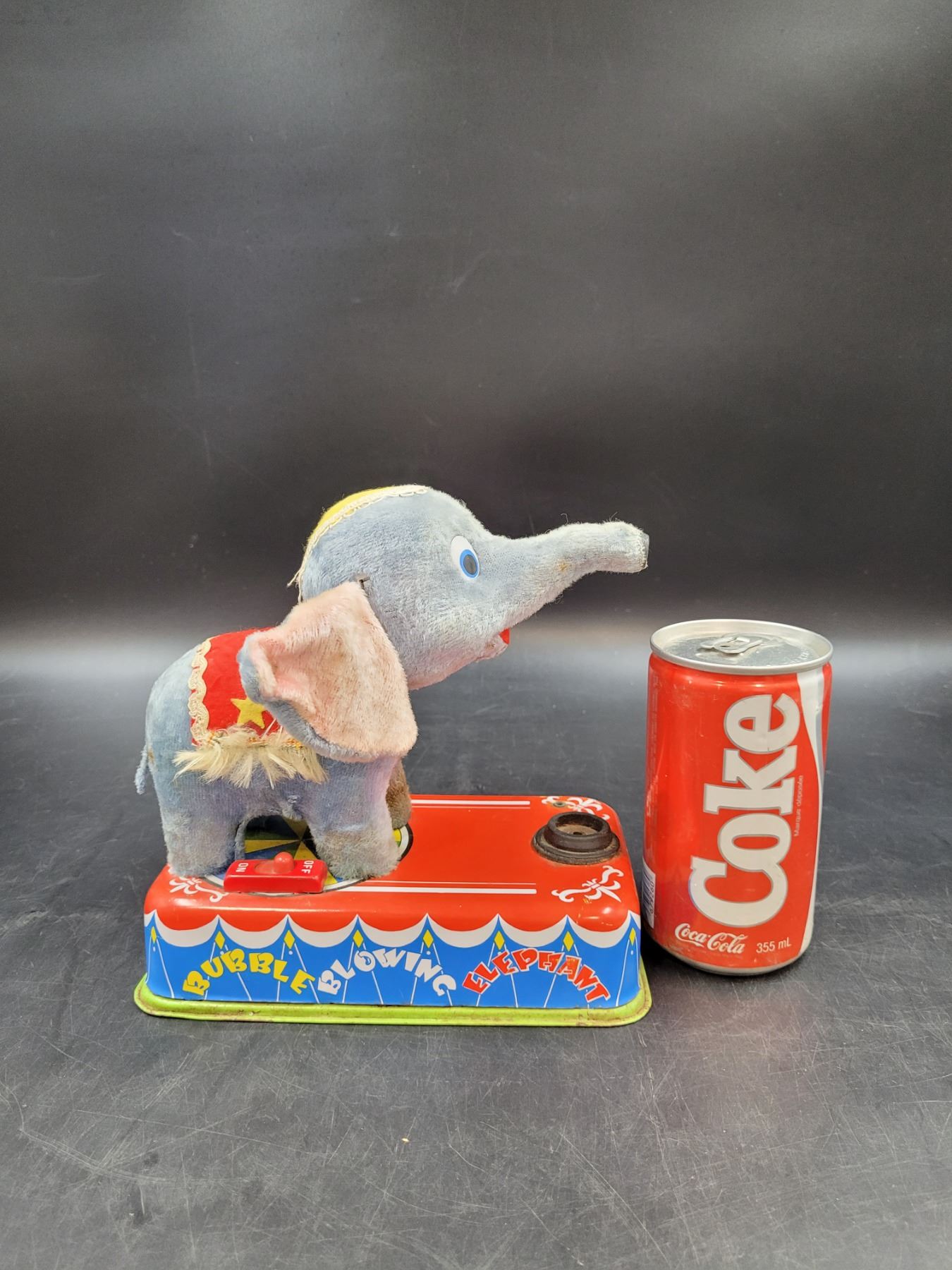 Vintage Tin & Cloth Toy Jumbo The Blowing Bubbles Elephant