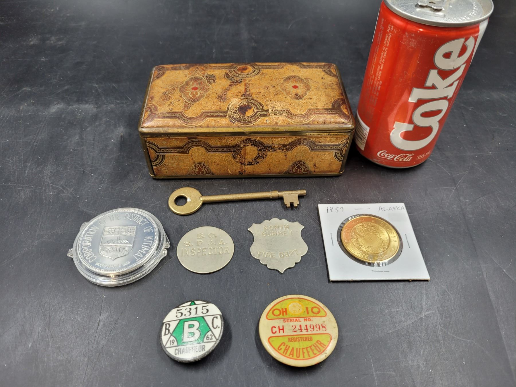 Vintage Badges, Key & Storage Box
