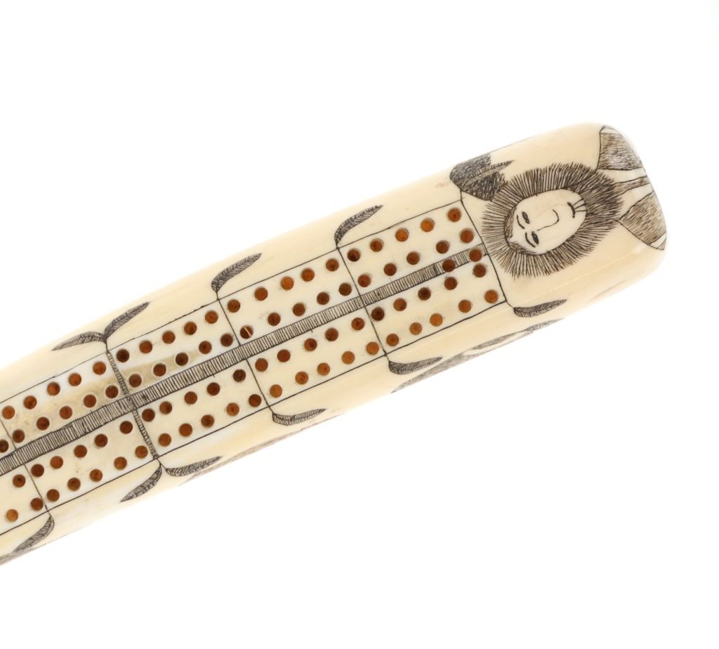 Early Inuit Walrus Tusk Scrimshaw Cribbage Board