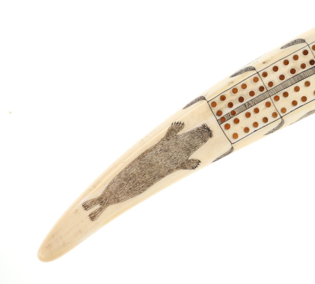Early Inuit Walrus Tusk Scrimshaw Cribbage Board