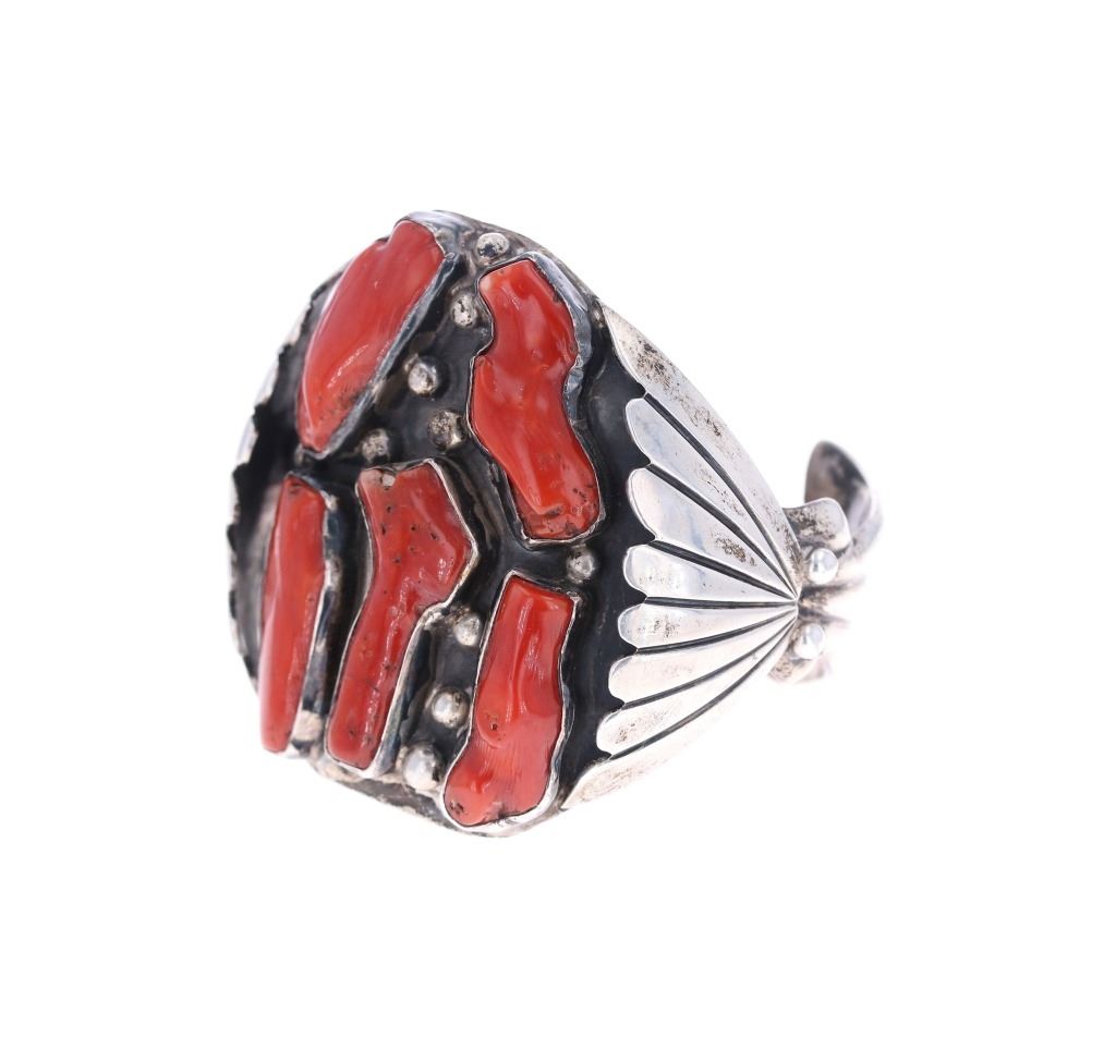 Navajo Fred Baca Silver Red Branch Coral Bracelet