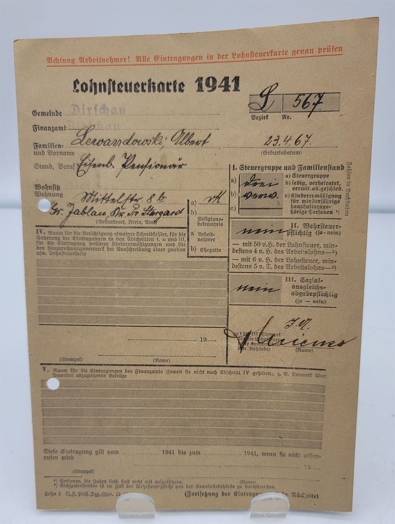 German Lohnsteuerkarte 1941 Payroll Tax Card
