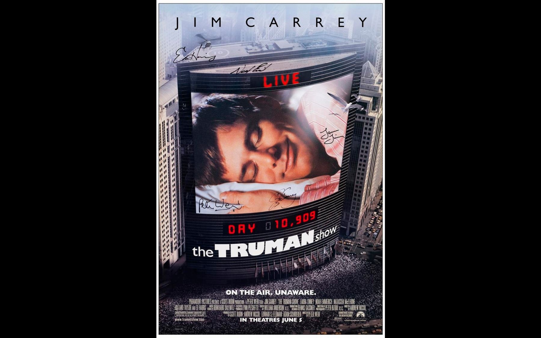 THE TRUMAN SHOW - One Sheet (27" x 40") Signed by Jim Carrey, Peter ...