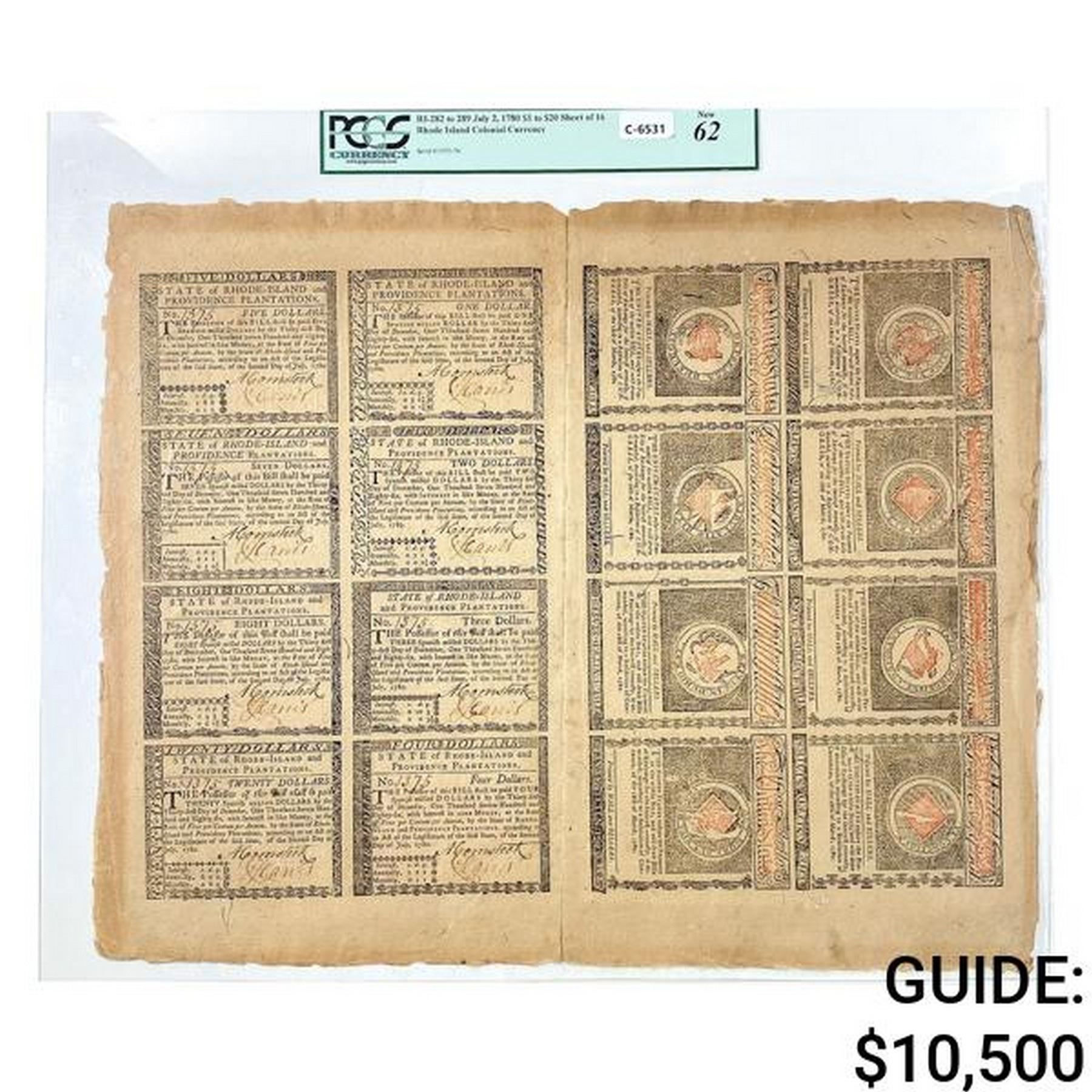 RI-282 to 289 JULY 2, 1780 $1 to $20 SHEET OF 16 UNCUT RHODE ISLAND ...