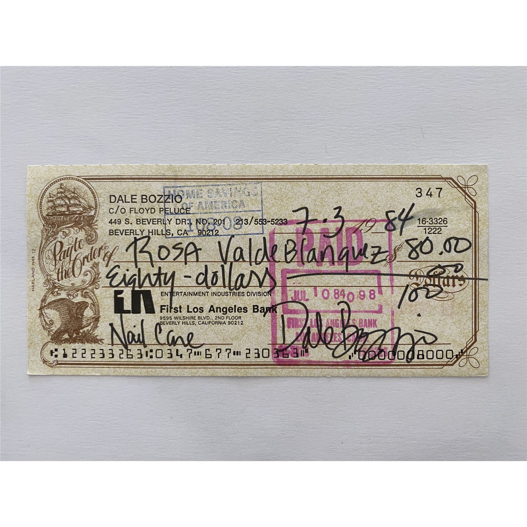Dale Bozzio signed check