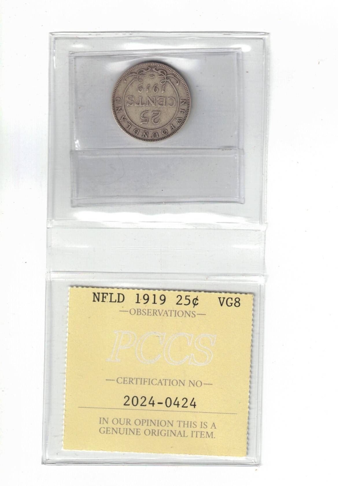 Newfoundland 1919 25¢ Certified PCCS VG8, Professional Coin ...