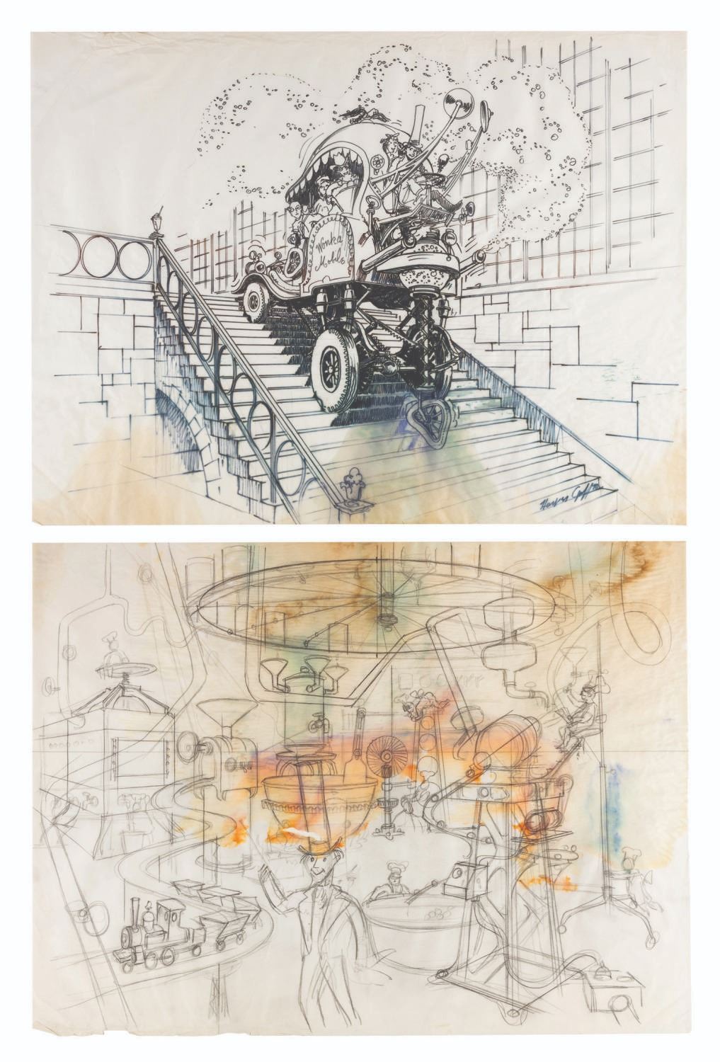 A Pair of Harper Goff "Willy Wonka" Concept Drawings.