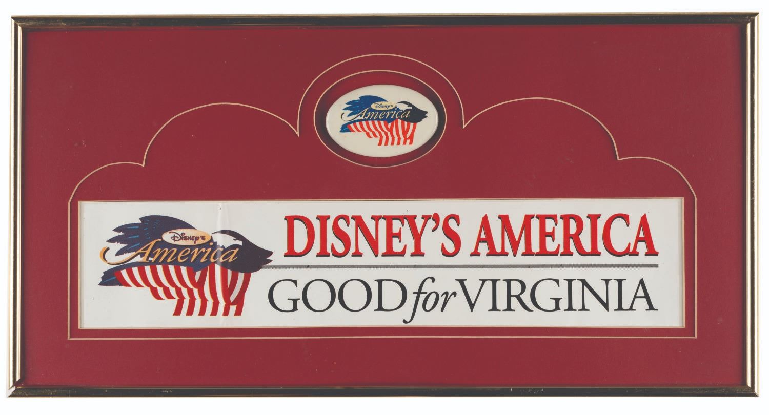 A Disney's America Bumper Sticker and Button.