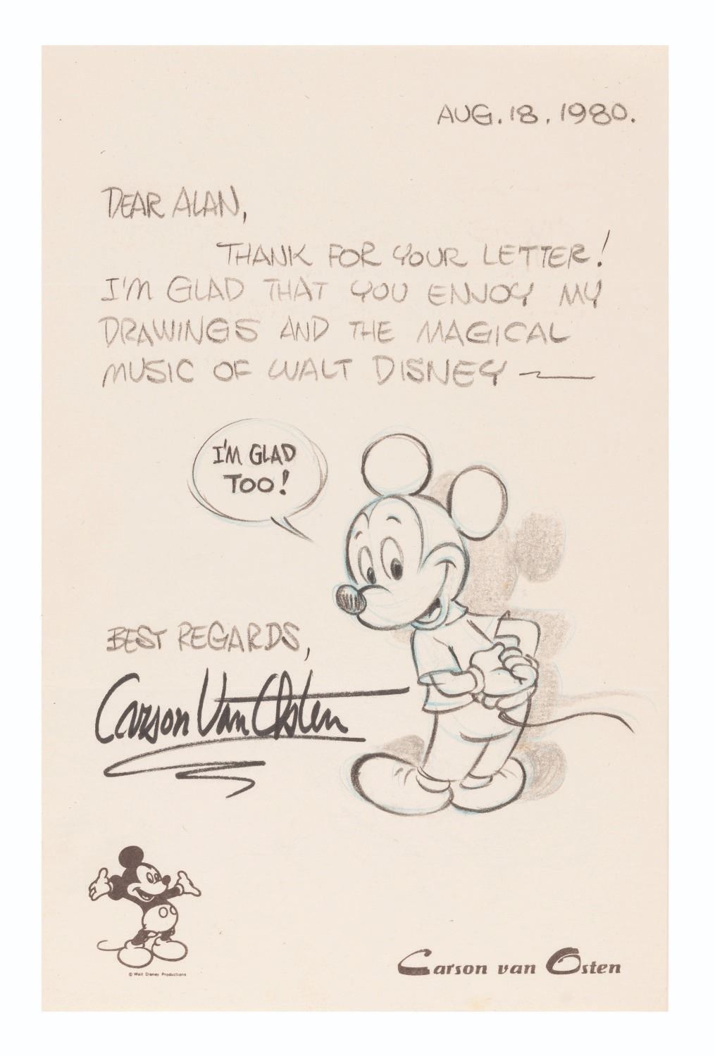 A Mickey Mouse Drawing Signed By Carson Van Osten.