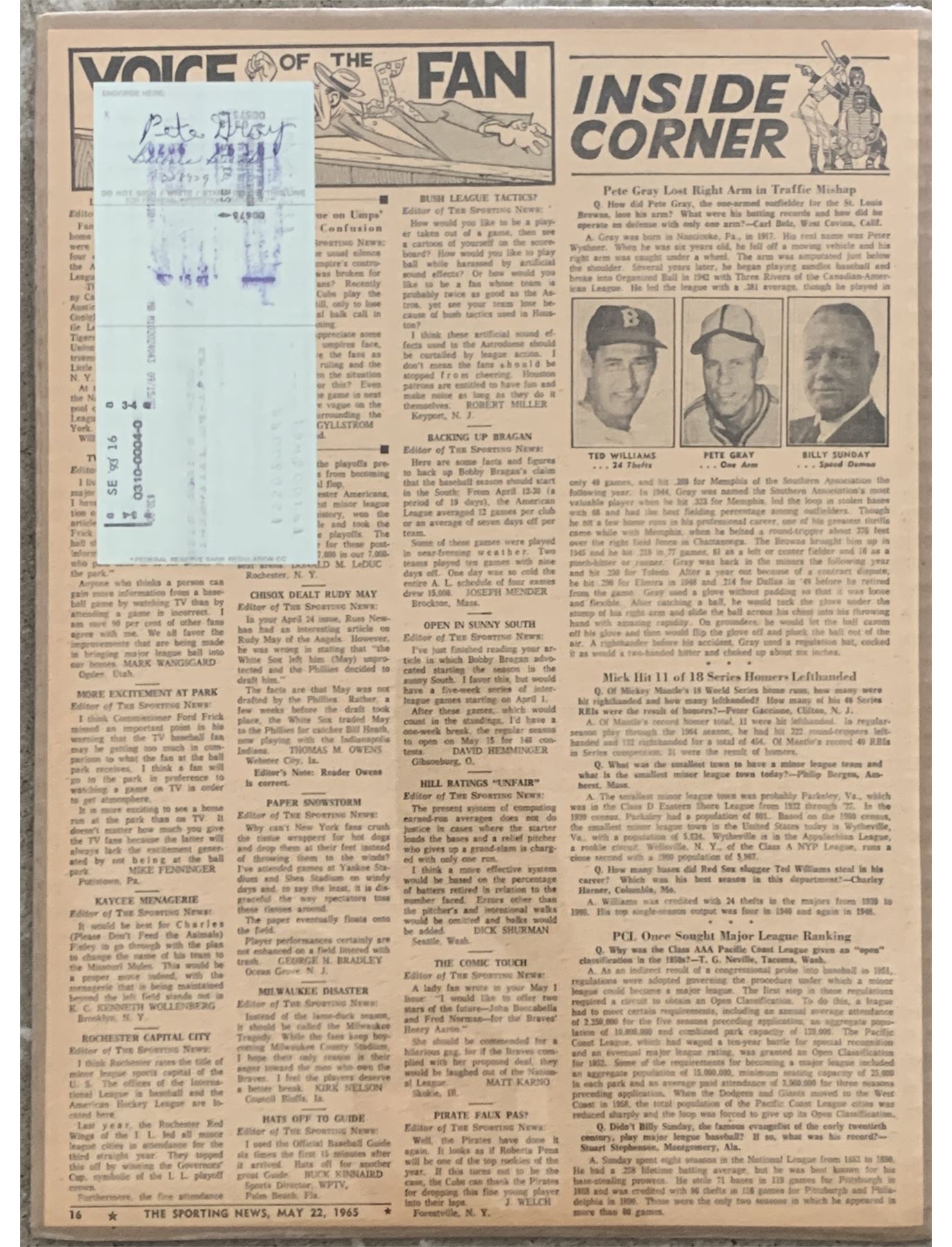 Pete Gray signed check with vintage newspaper