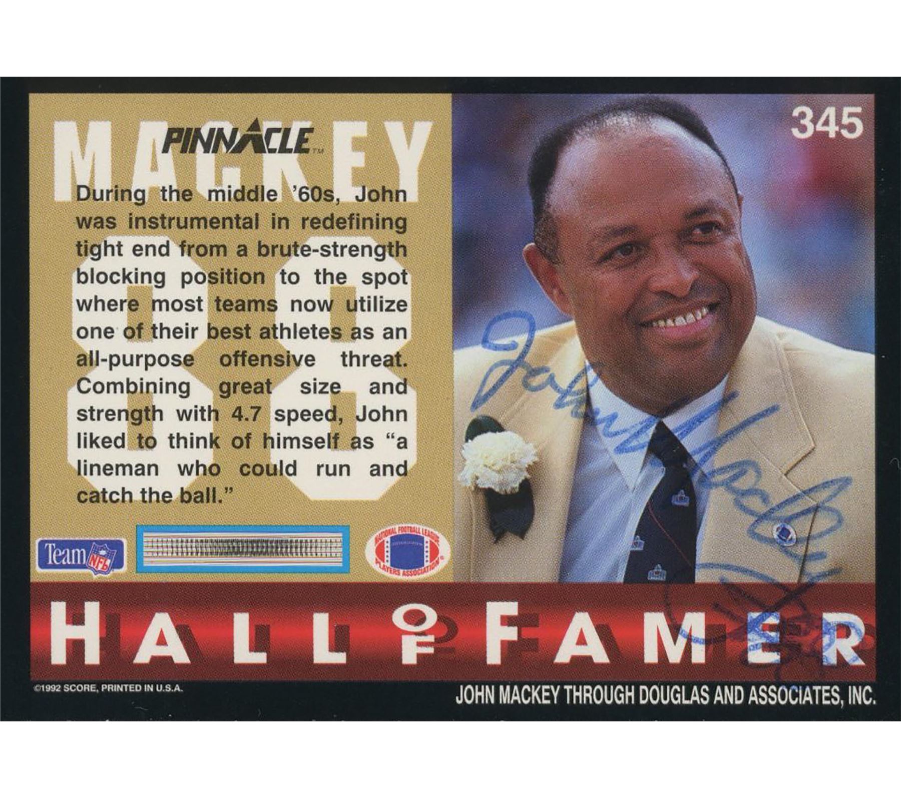 Baltimore Colts John Mackey signed Pinnacle Hall of Fame Card