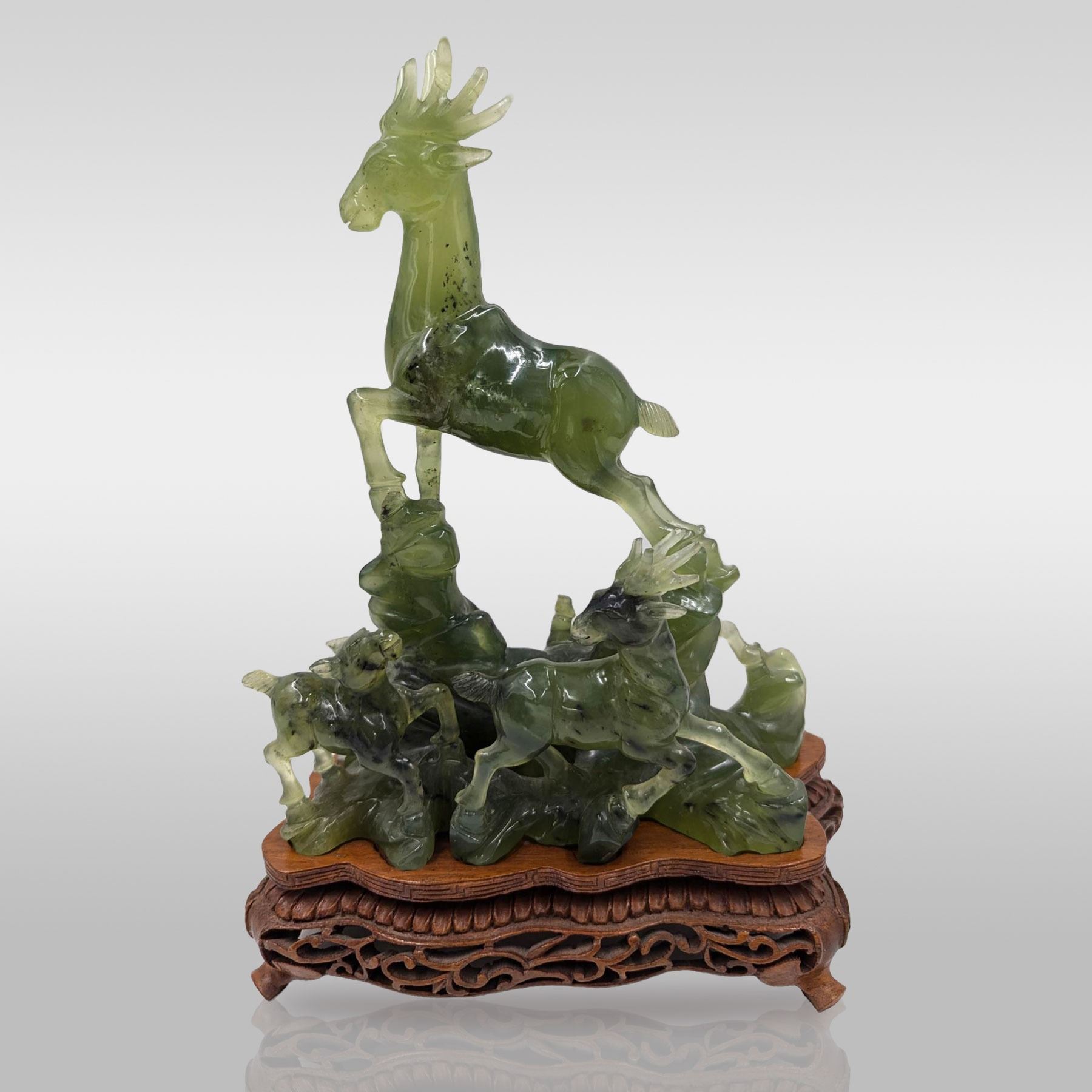 Large Finely Carved Chinese Serpentine Jade Stag Figure With Wooden ...