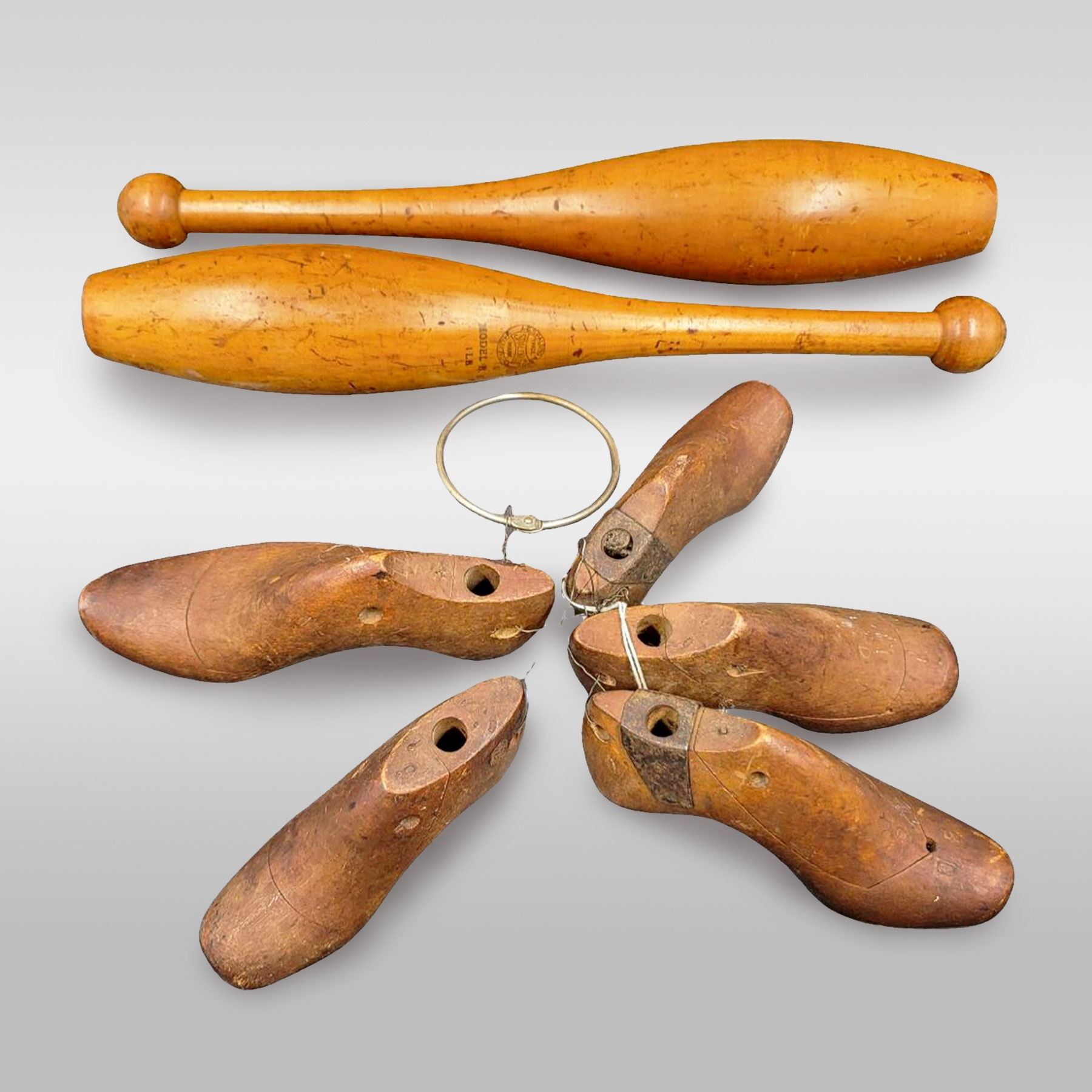 Wooden Vintage Lot Of 5 Shoes & Pair Of Spalding Juggling Pins