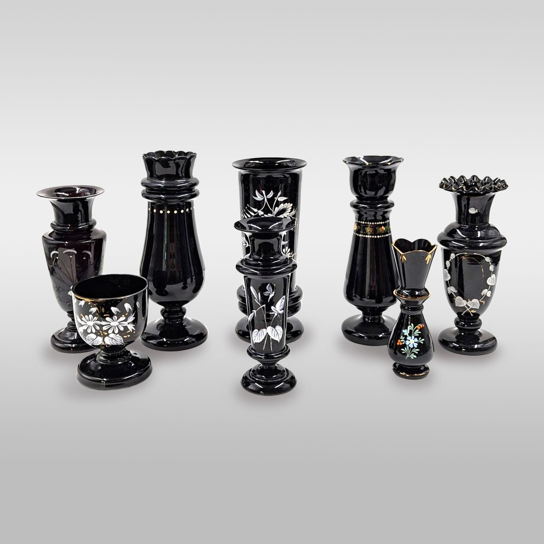 Grouping Of 8 Art Deco Black Amethyst Glass And Hand Painted Enamel ...