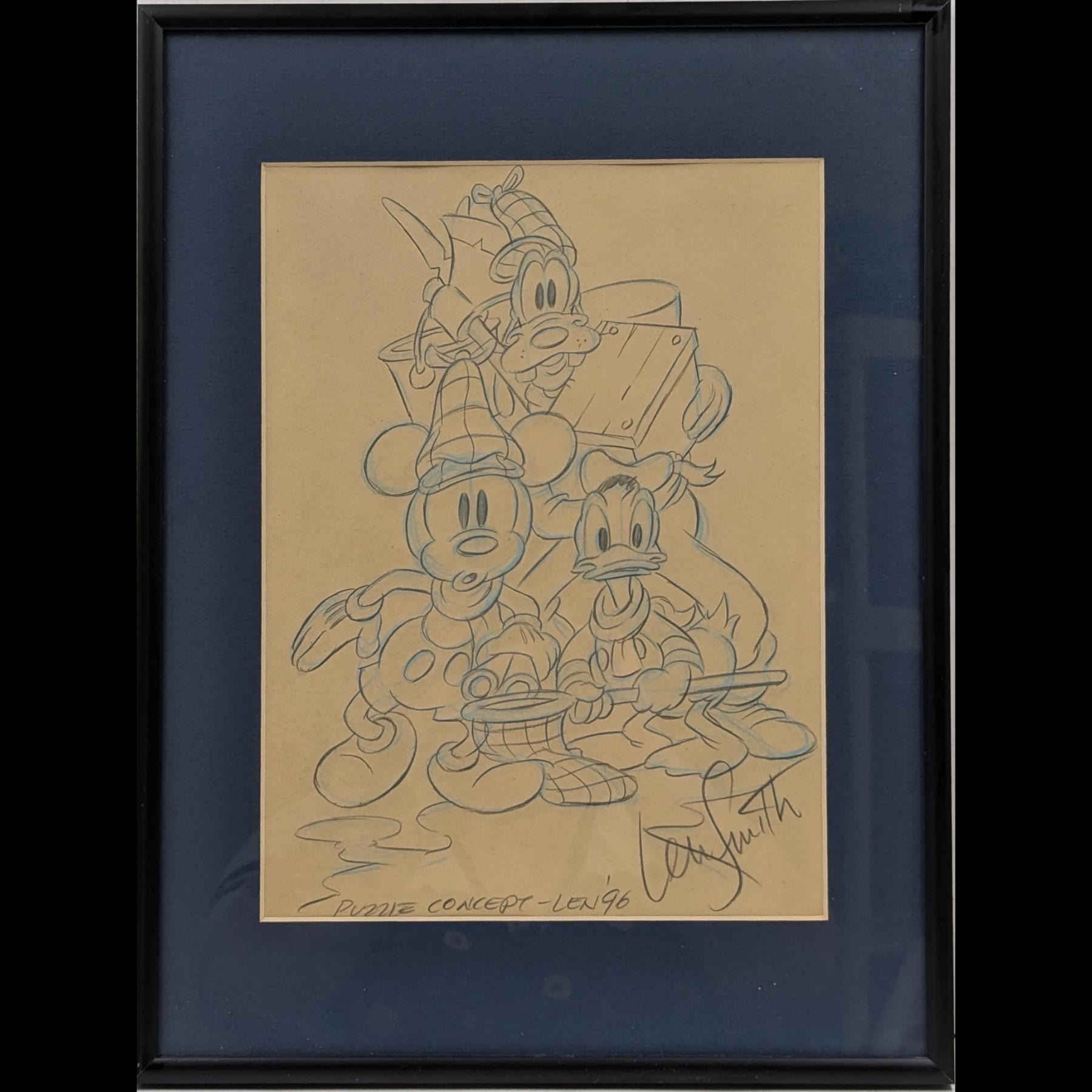 Signed American Visual Artist Len Smith Disney Puzzle Concept Drawing ...