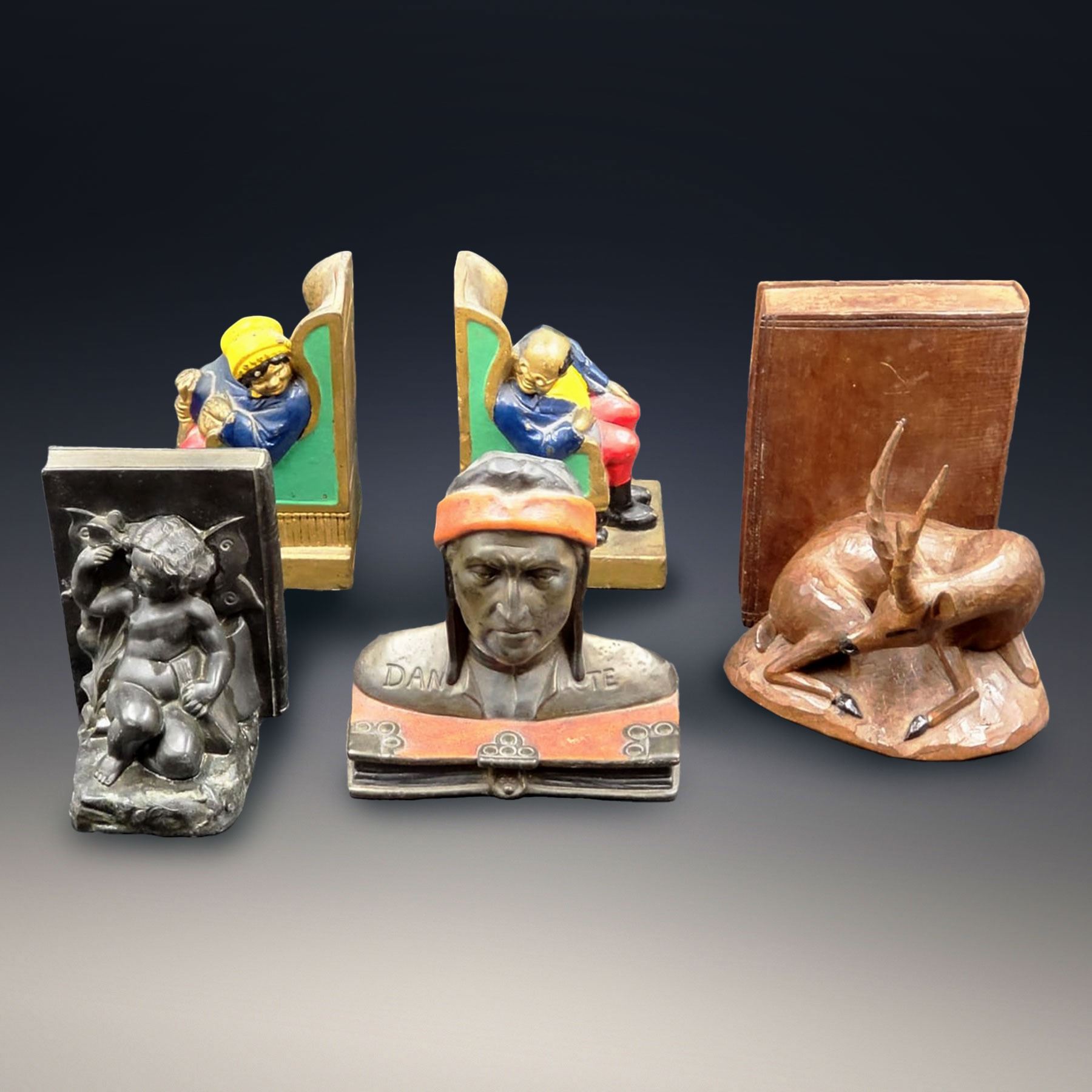 Lot Of 5 Assorted Antique Bookends, Bronze & Wood Carved