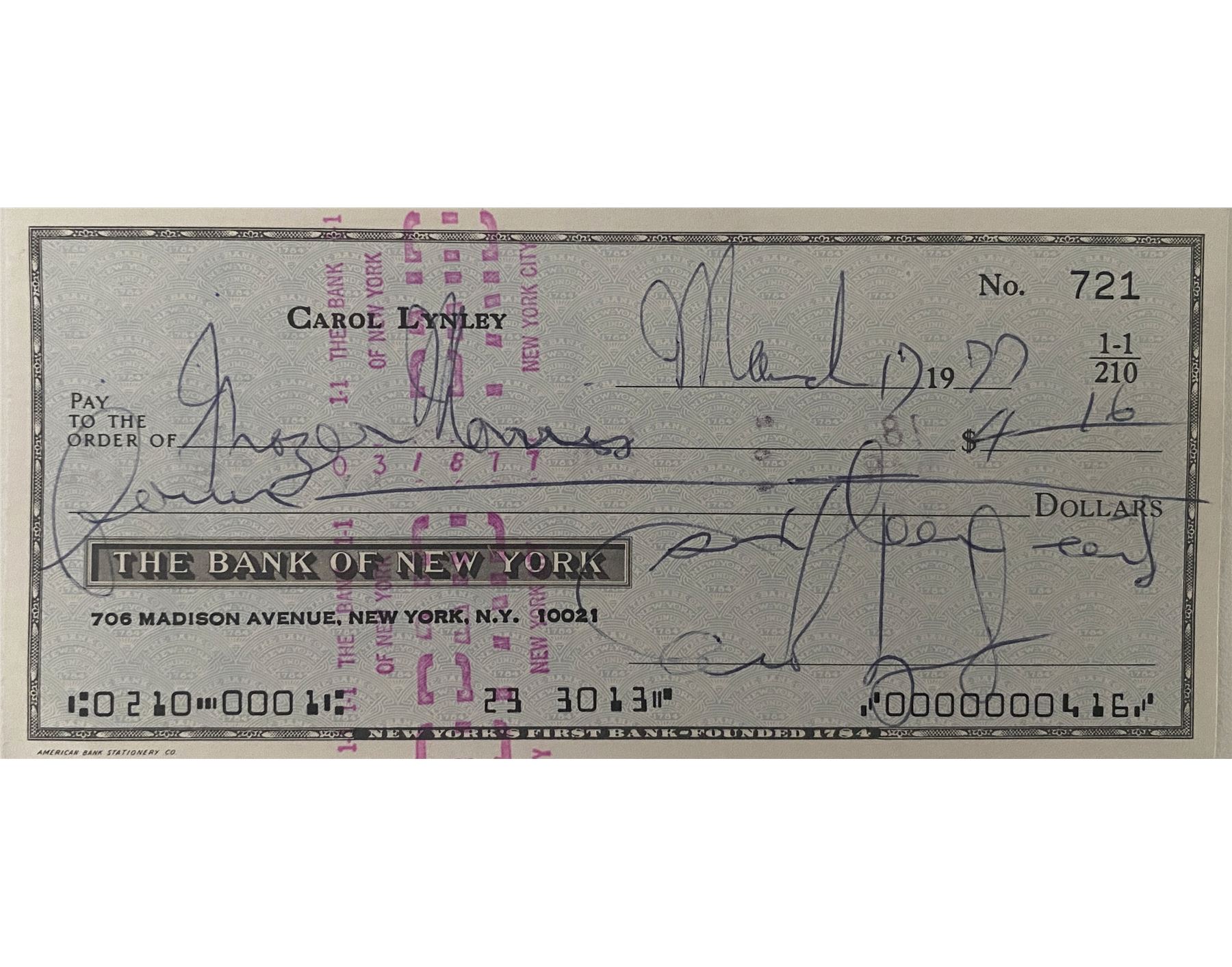 Carol Lynley Signed Check