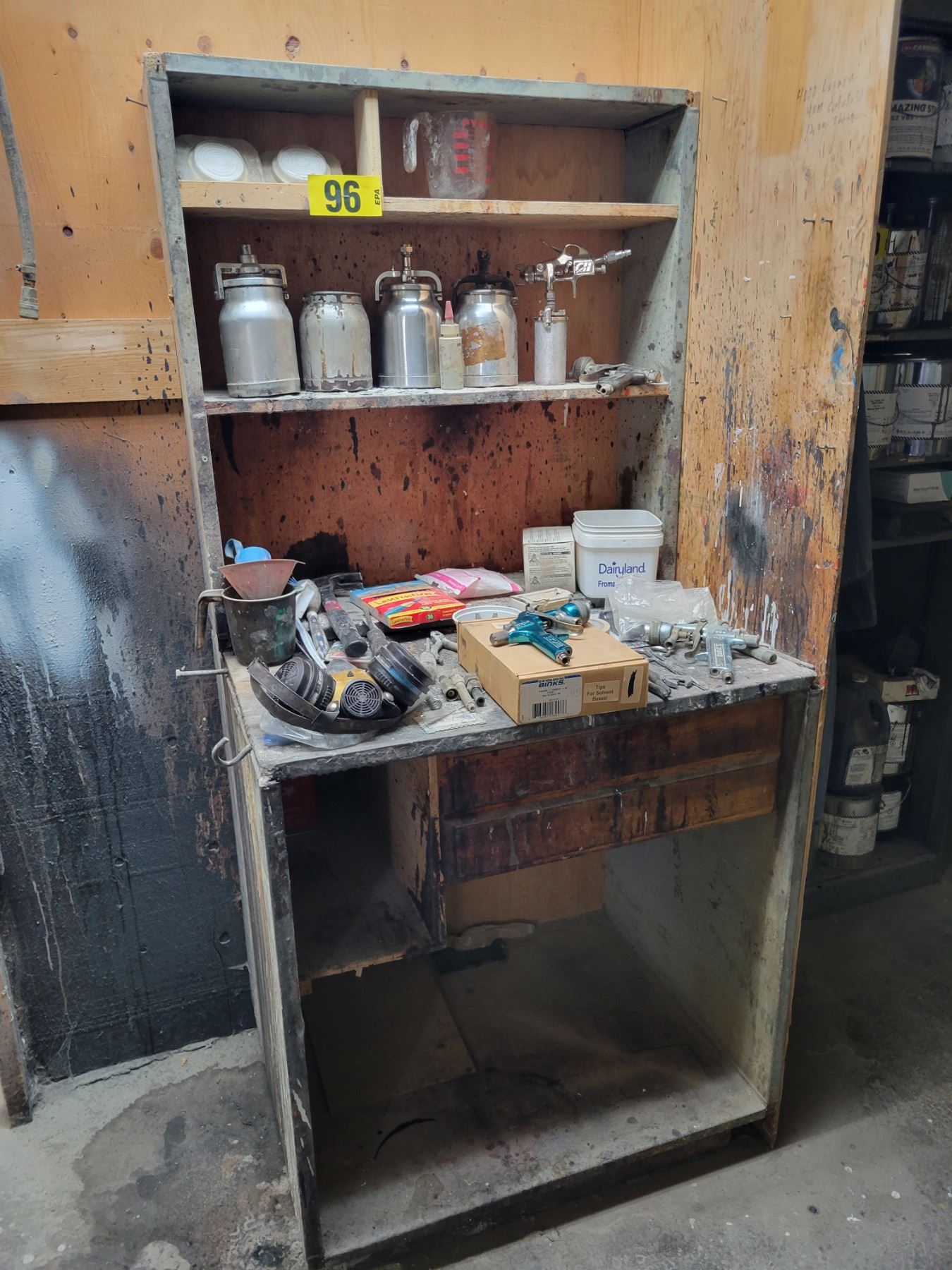 spray pots, 2 Binks spray guns, spray gun parts, filters, hammer ...