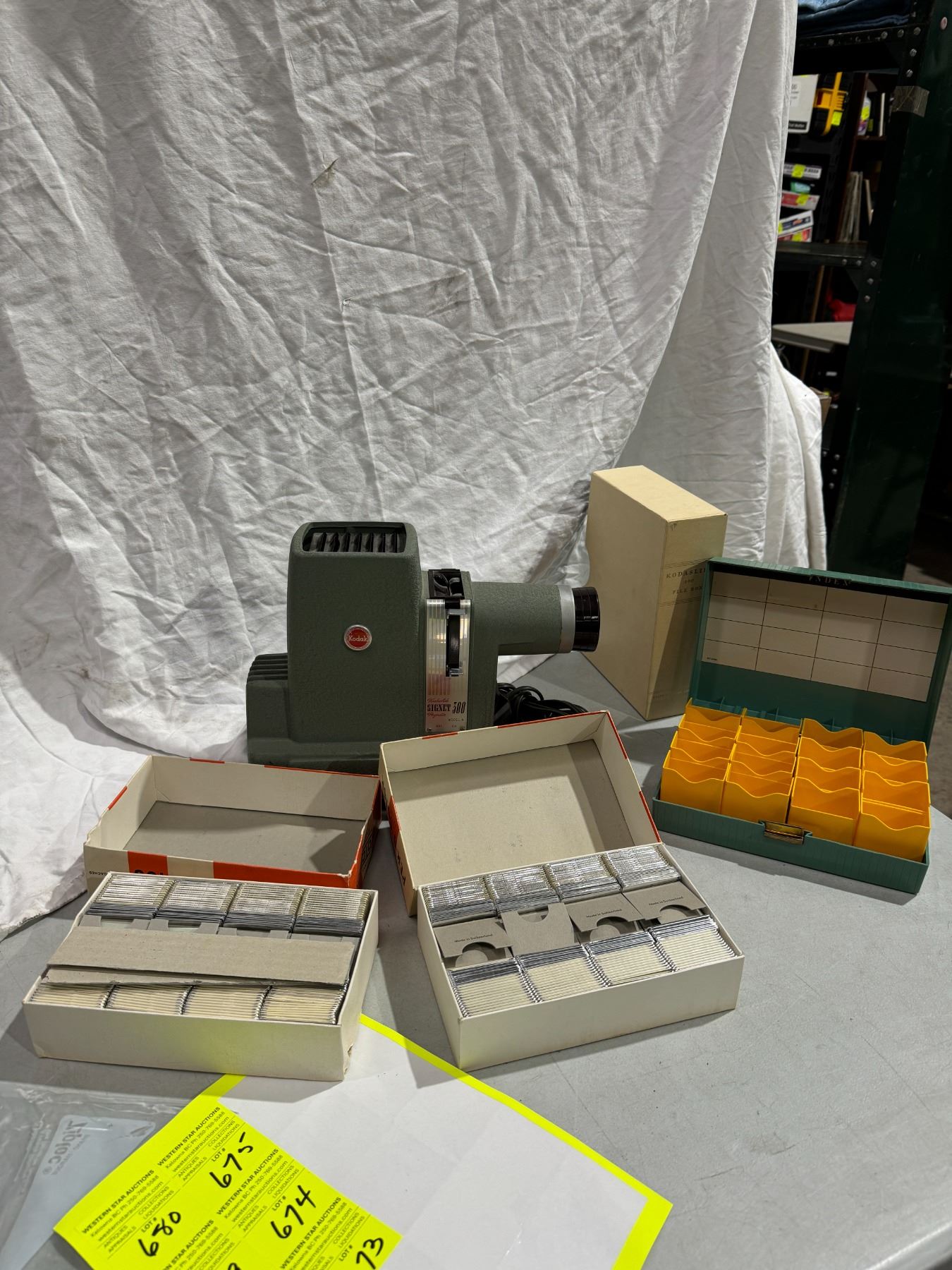 Kodak CIGNA 300 model a projector, slides, and slide file box
